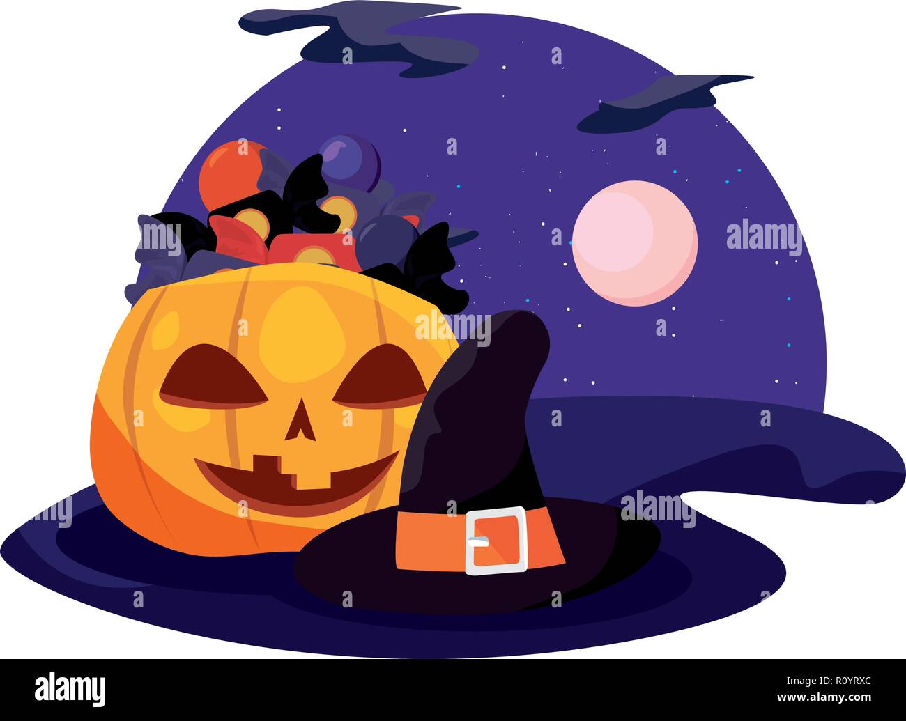 halloween witch hat pumpkin candies night vector illustration Stock ...