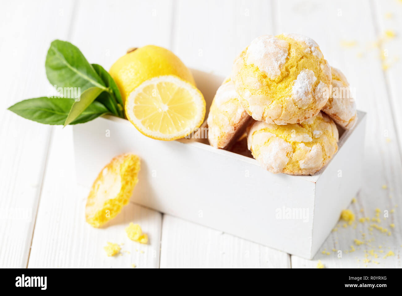 Lemon cookies on white wooden box, on white background Stock Photo - Alamy