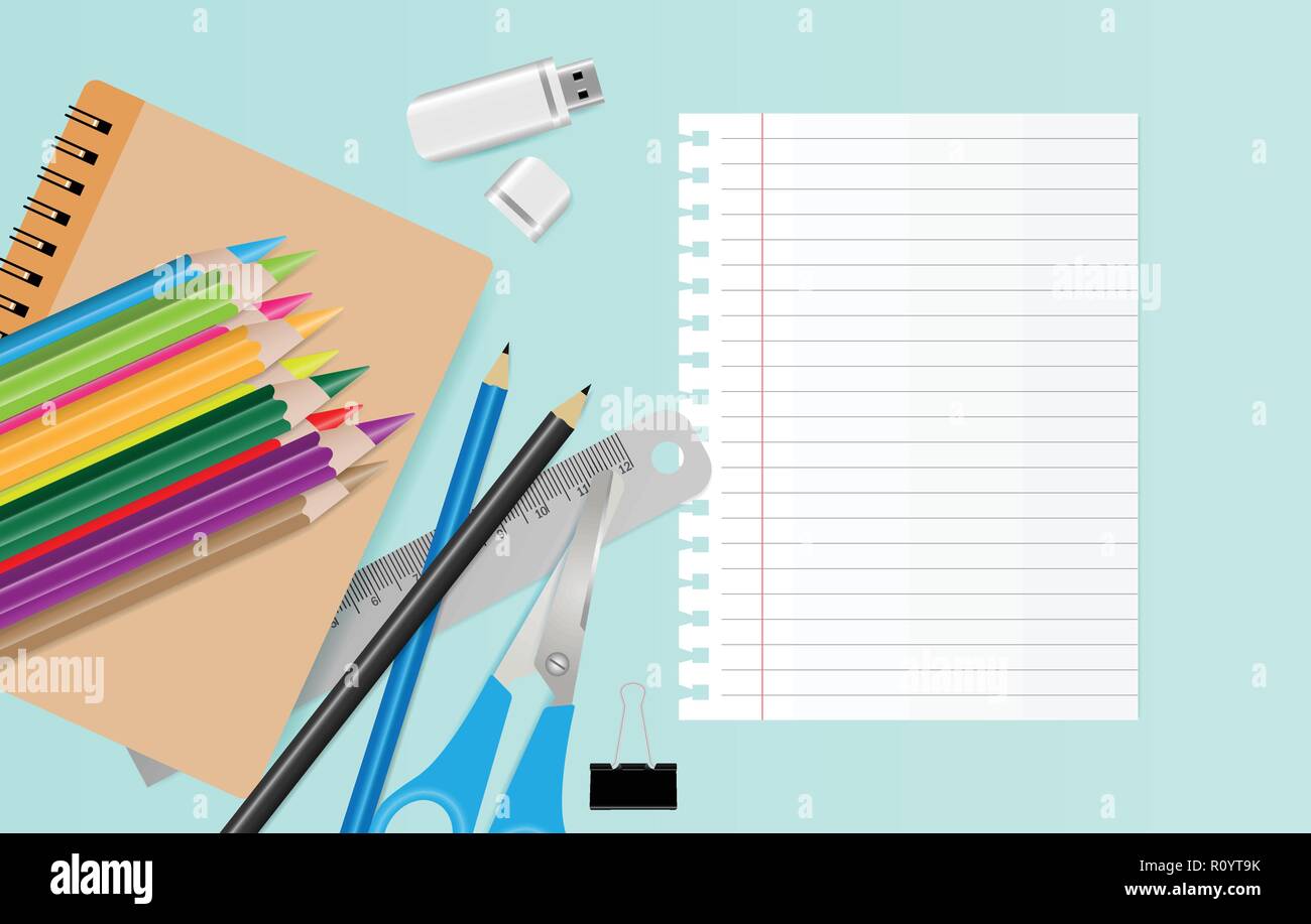 ฺBlank note paper with school supplies on green background, Back to ...