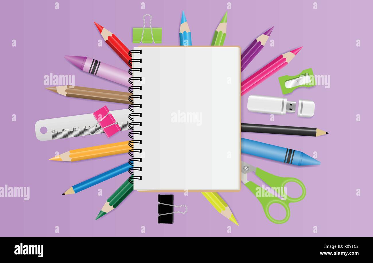 Blank notebook with school supplies on purple background. Vector ...