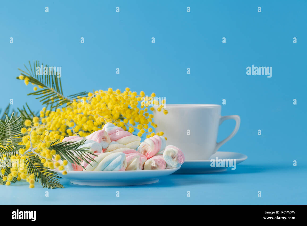 Cup of tea with spring flowers on blue background Stock Photo - Alamy