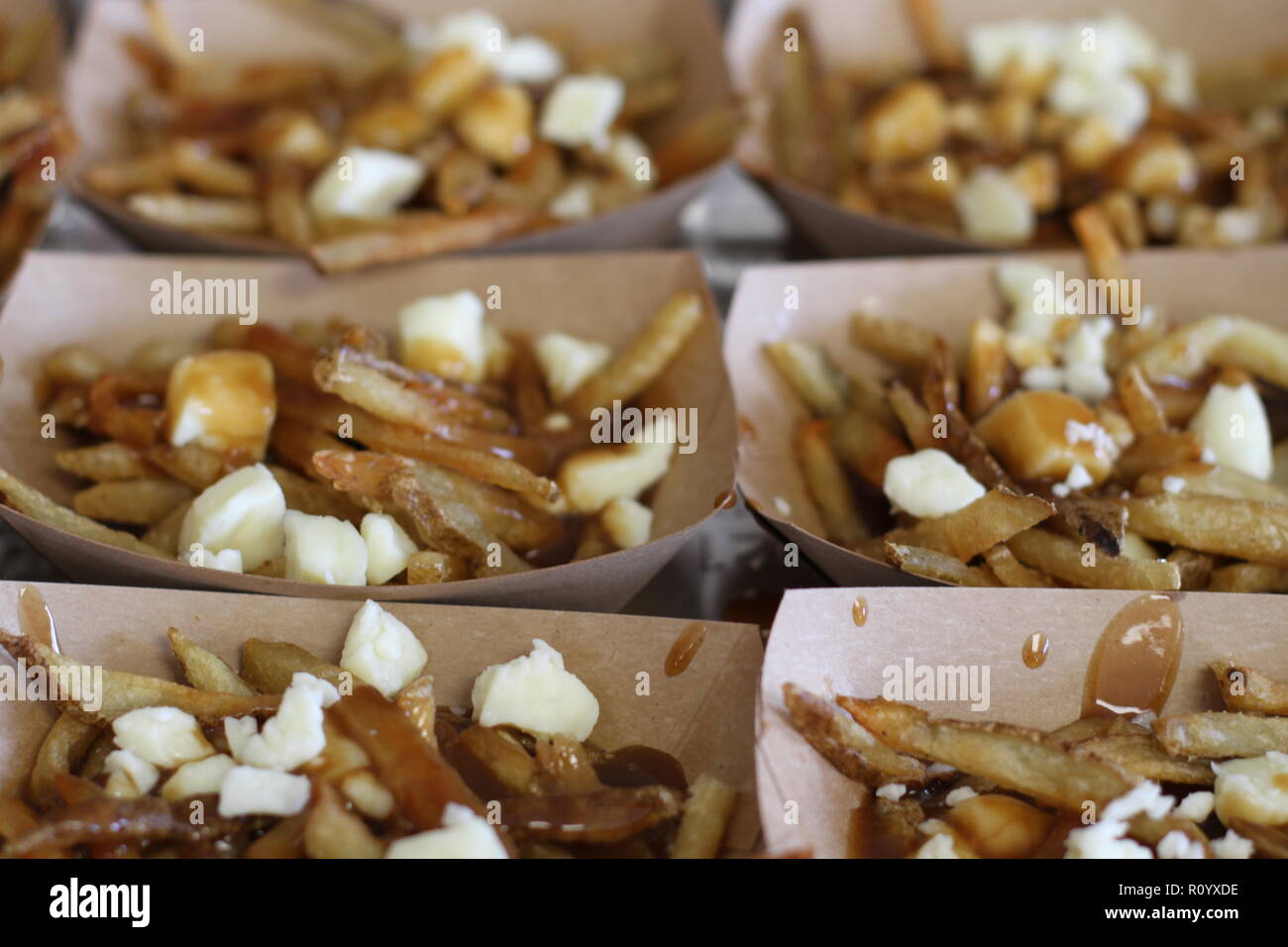 French fries with cheese curds in small boxes Stock Photo - Alamy