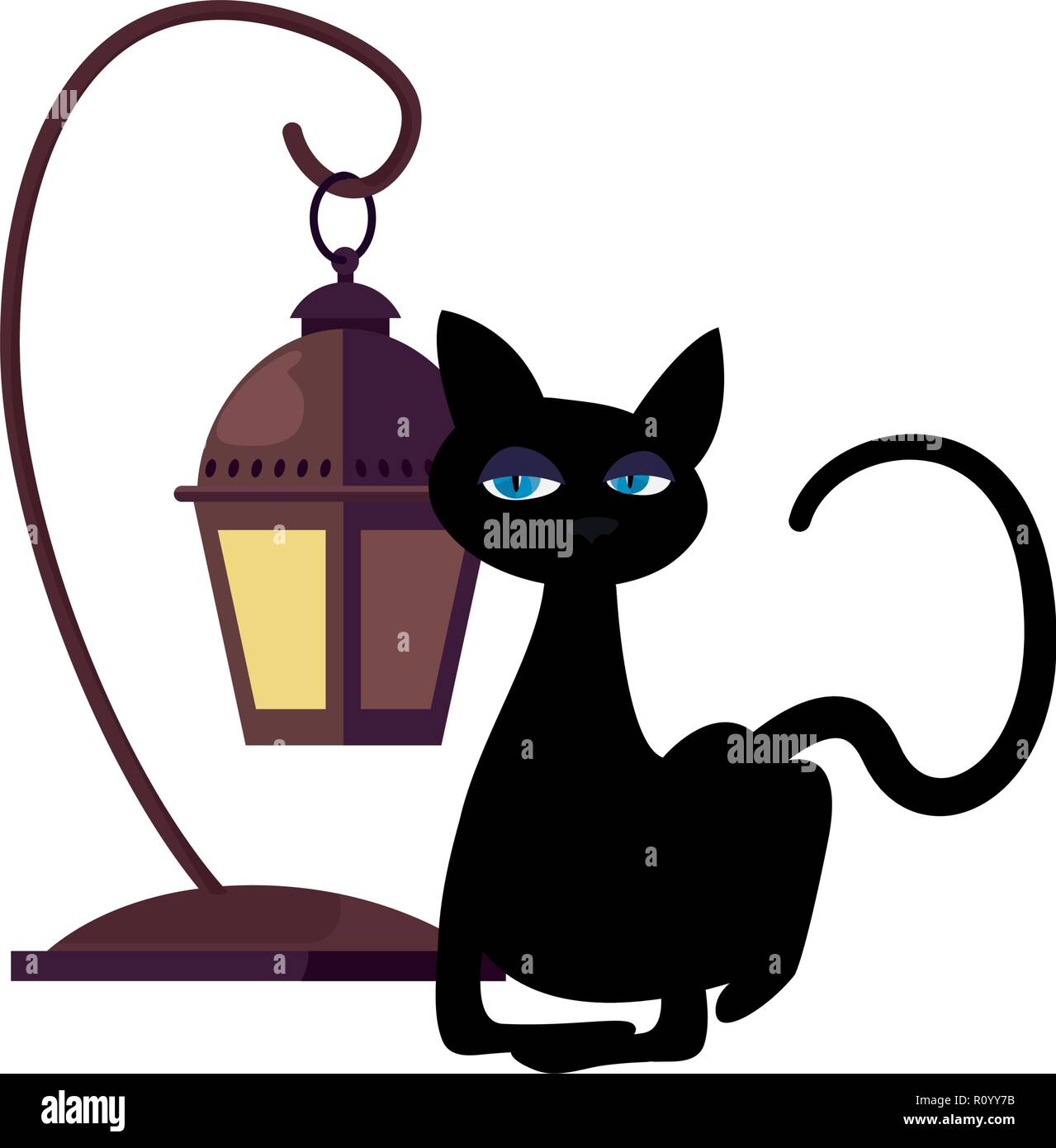 halloween black cat and lamp vector illustration Stock Vector Image ...