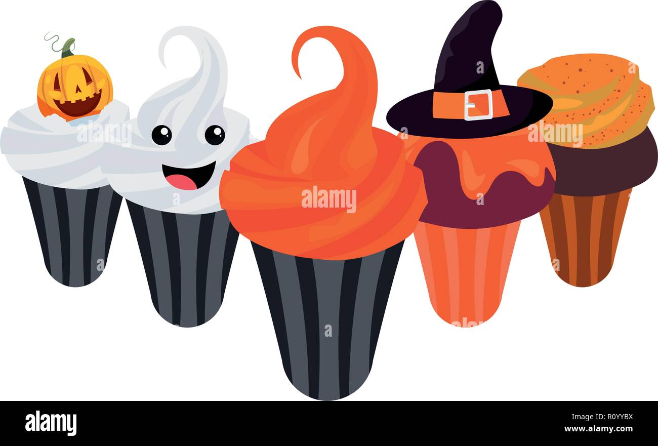 sweet halloween cupcakes ghost witch and pumpkin vector illustration ...