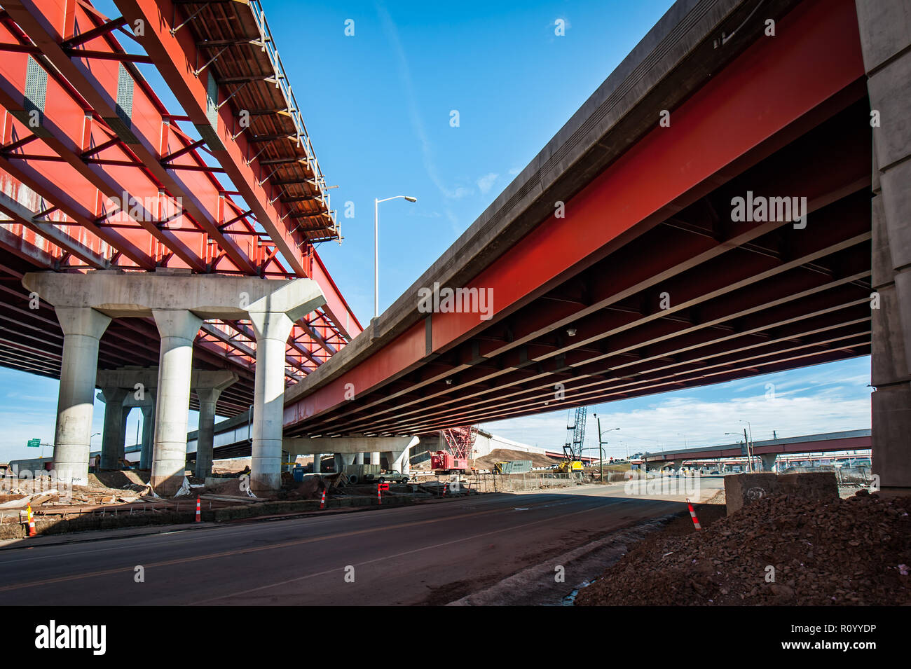 Construction of metal substructure for flyover and onramp in New Haven ...