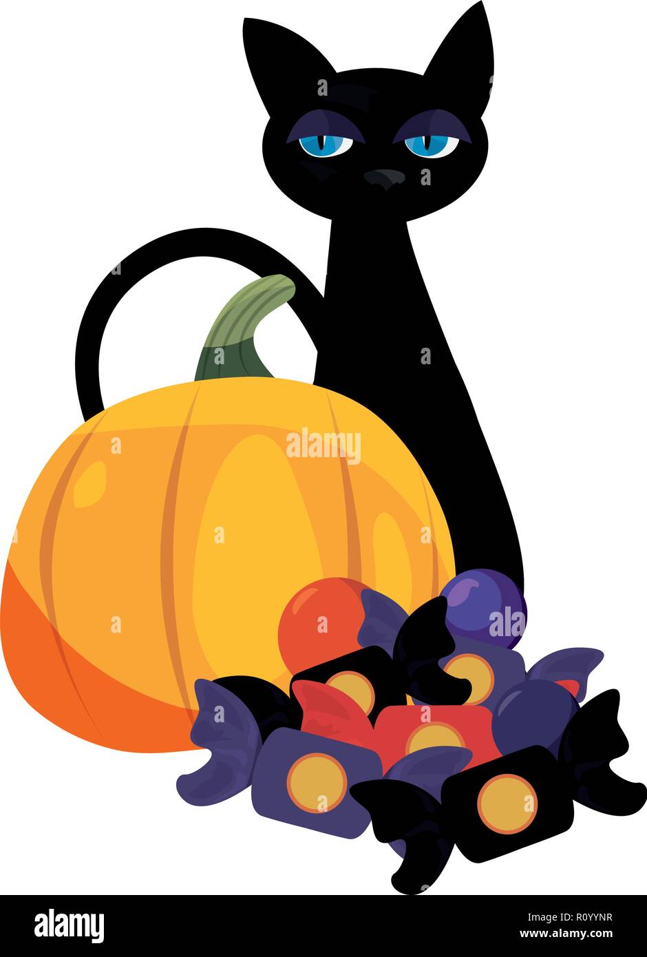 halloween black cat with pumpkin and candies vector illustration Stock ...