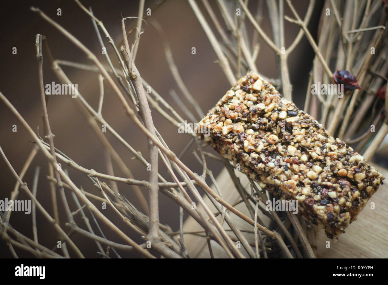 Healthy, natural granola bar with oats, nuts, and fruit sitting on ...