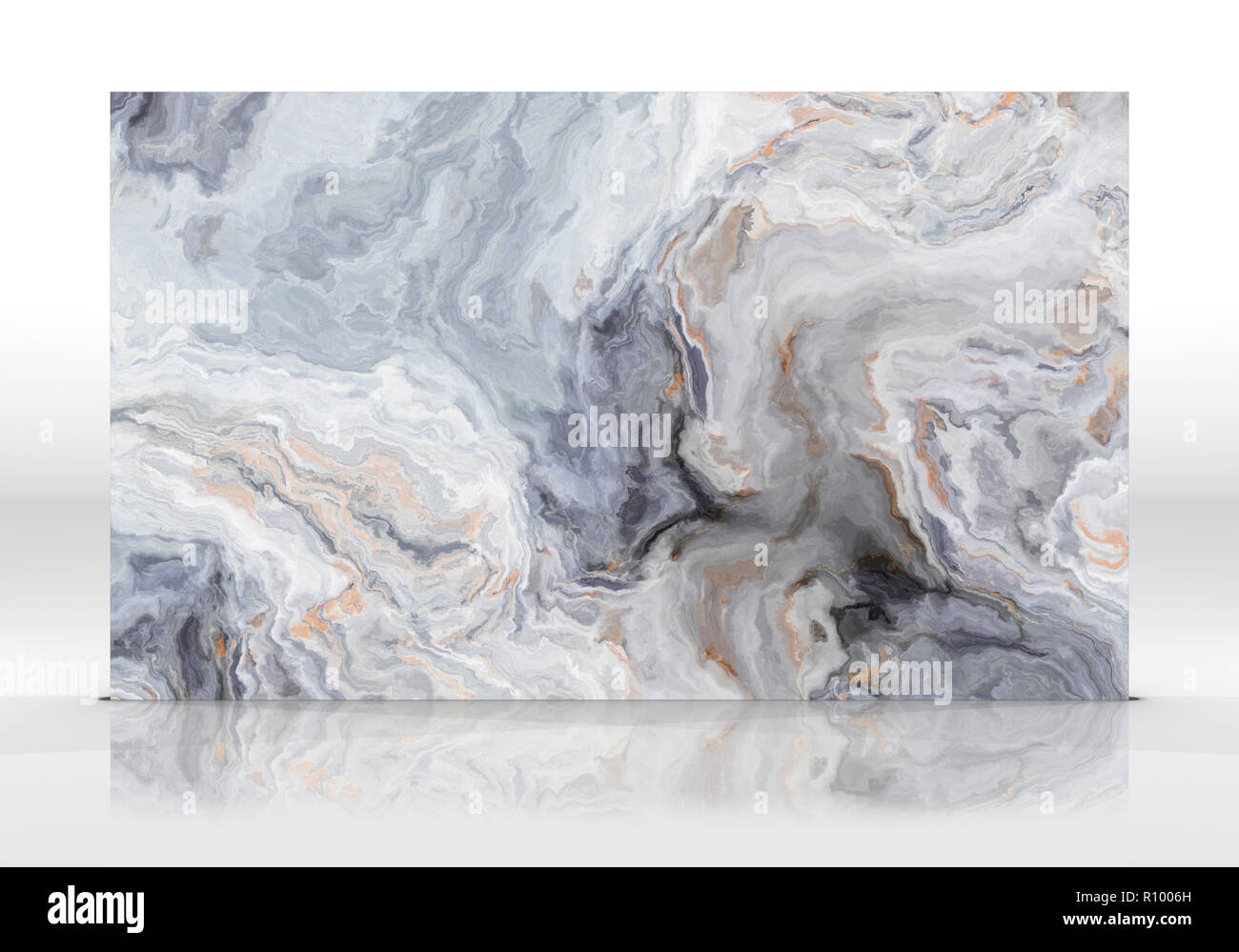 Grey marble tile standing on the white background with reflections and ...