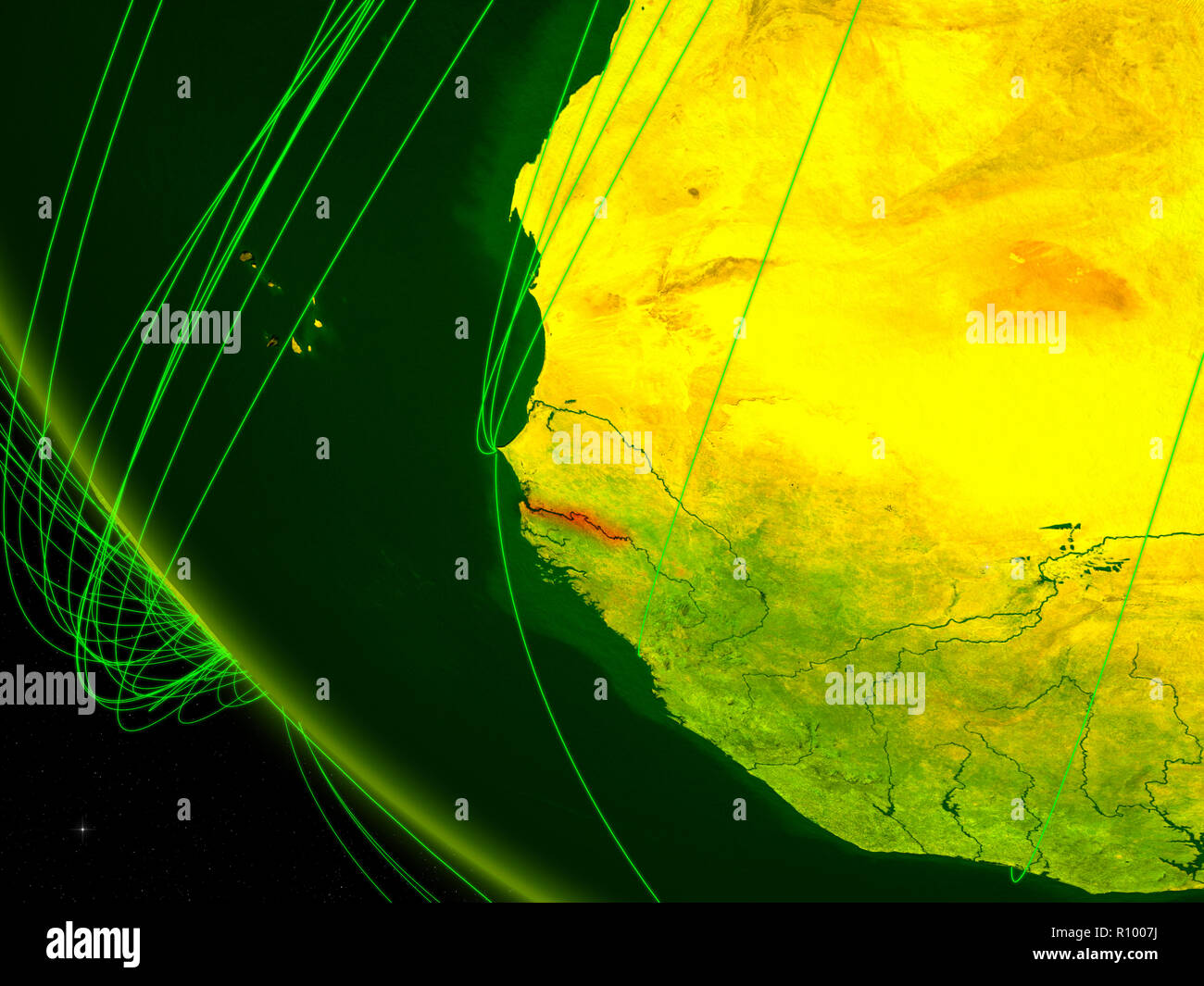 Gambia on digital planet Earth from space with network. Concept of ...