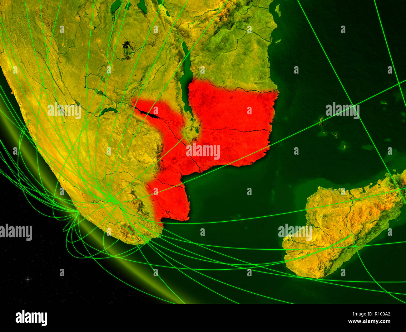 Mozambique on digital planet Earth from space with network. Concept of ...