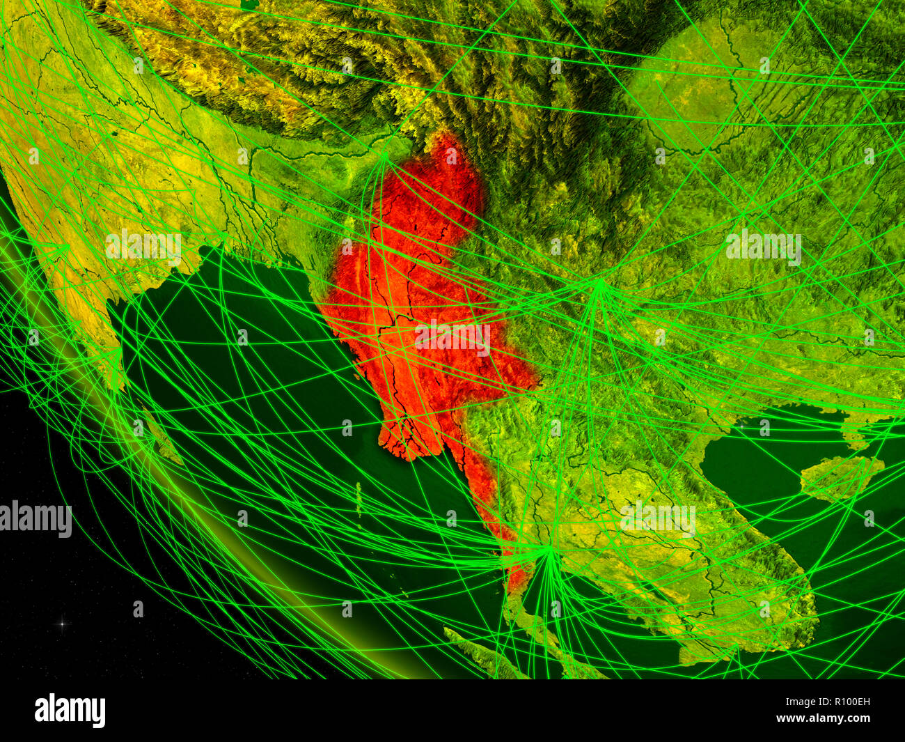 Myanmar on digital planet Earth from space with network. Concept of ...