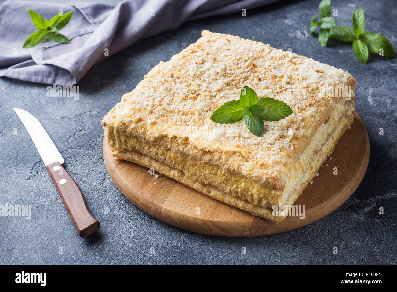 Layered cake with cream Napoleon millefeuille vanilla slice with mint ...