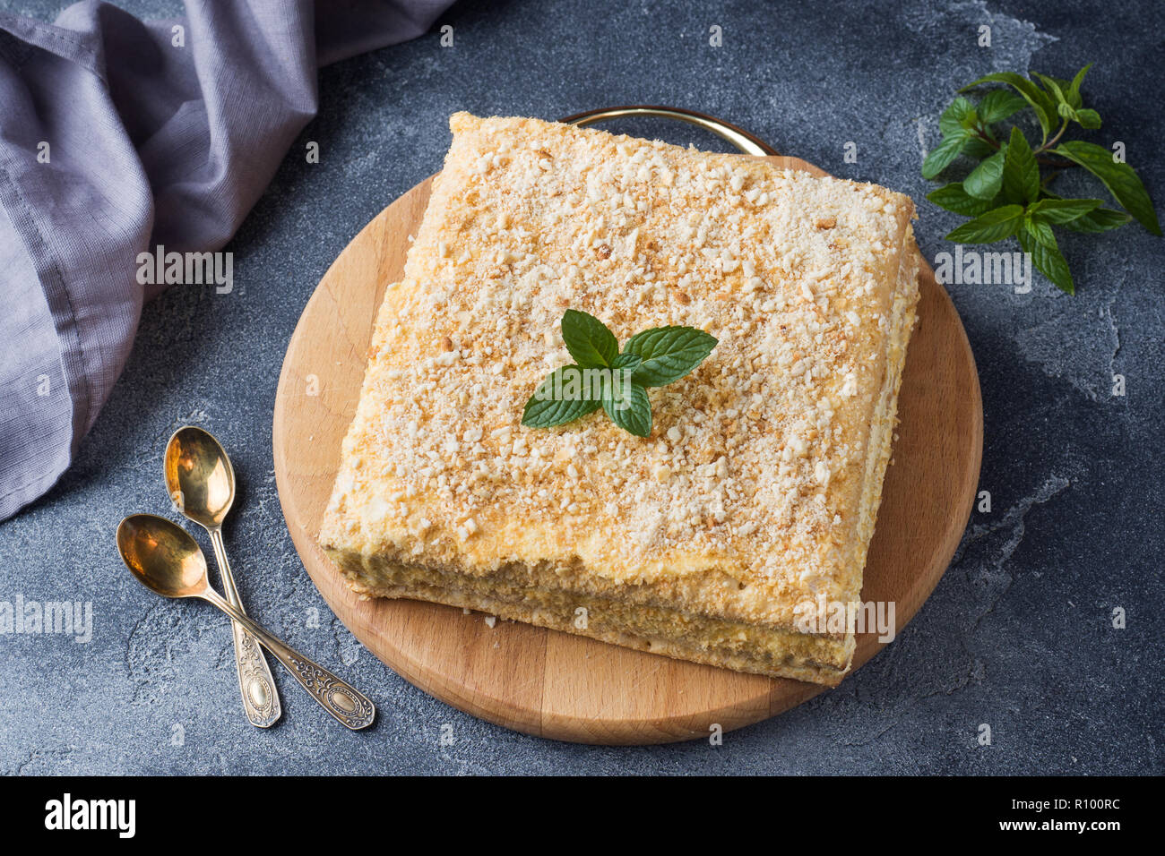 Layered cake with cream Napoleon millefeuille vanilla slice with mint ...