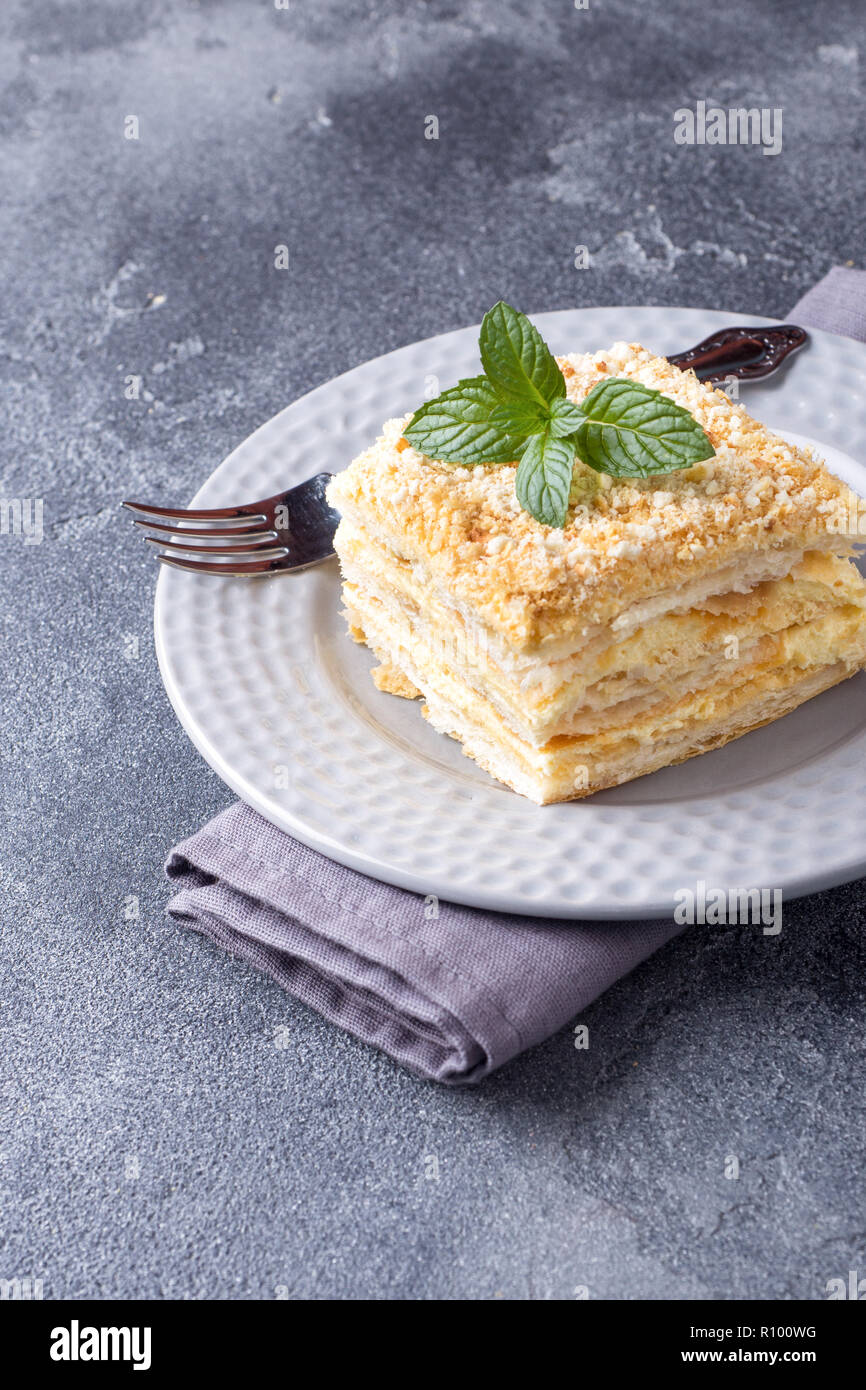Layered cake with cream Napoleon millefeuille vanilla slice with mint ...