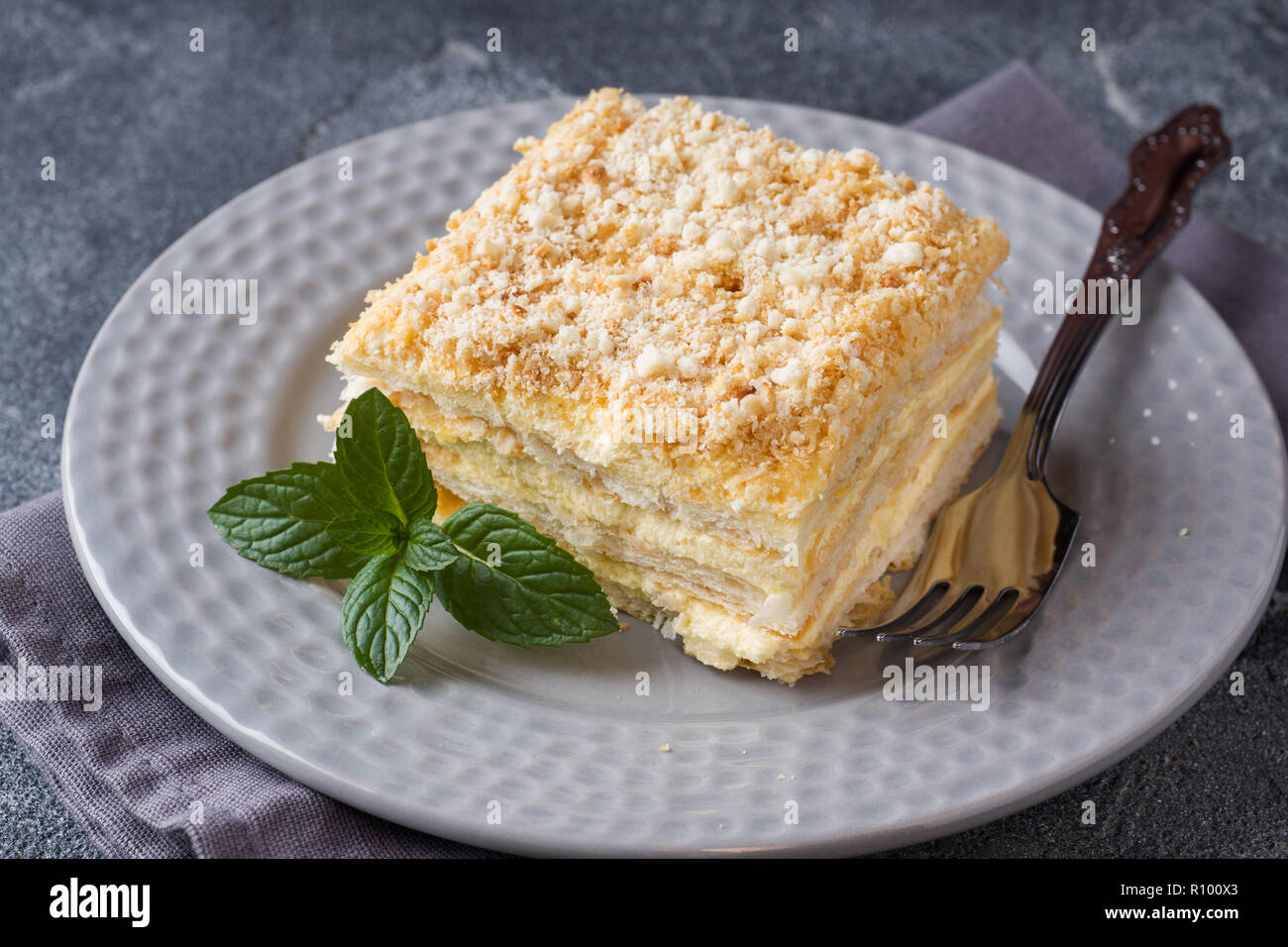 Layered cake with cream Napoleon millefeuille vanilla slice with mint ...