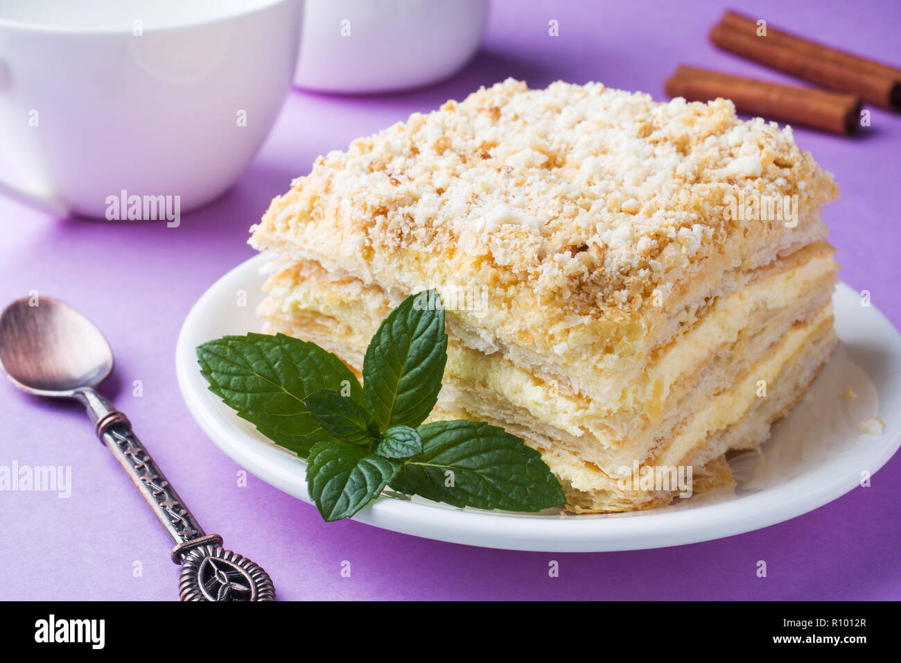Puff cake with cream Napoleon Millefeuille vanilla slice with mint ...
