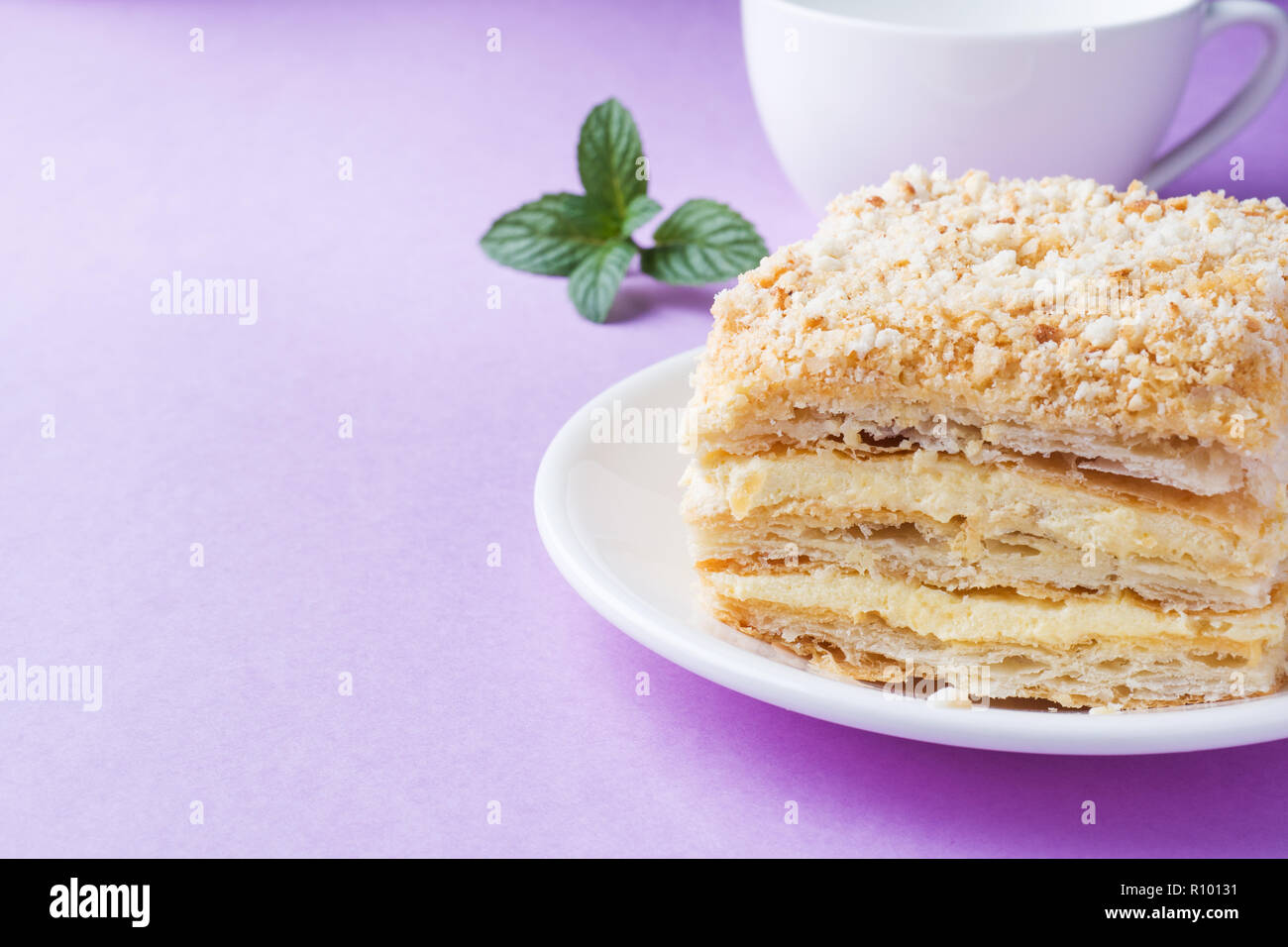 Puff cake with cream Napoleon Millefeuille vanilla slice with mint ...