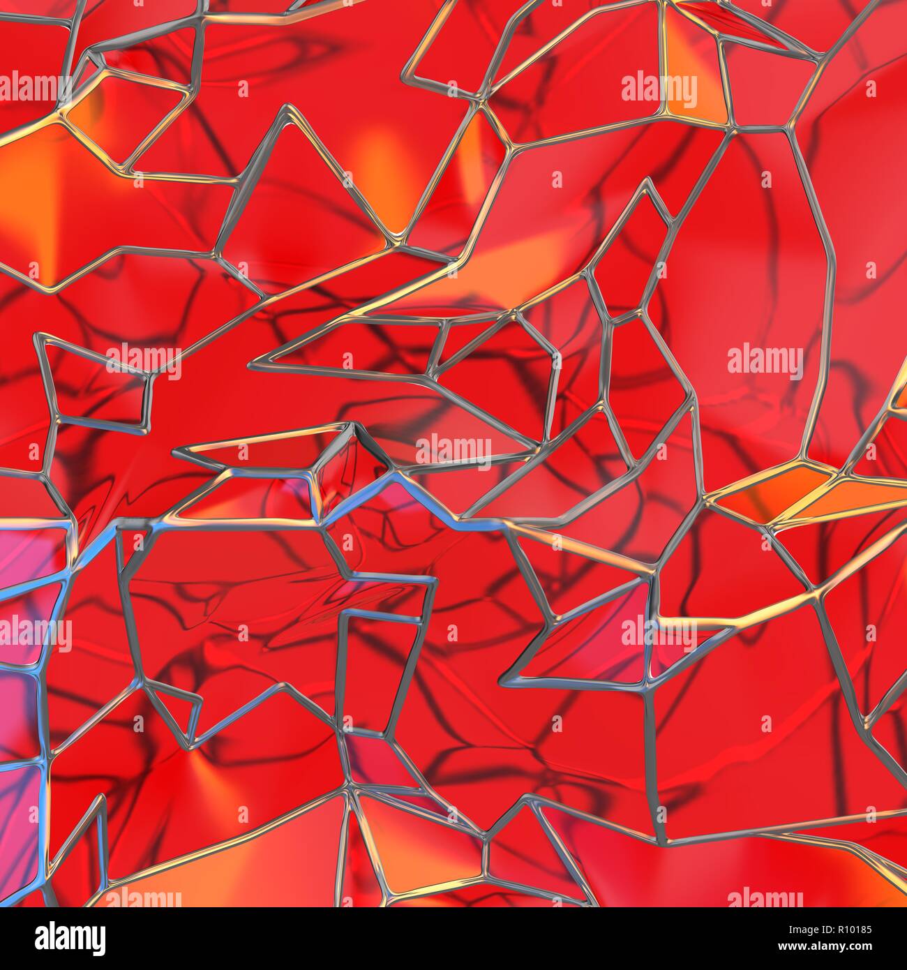 Abstract 3d rendering of chaotic red glass windows landscape structure ...