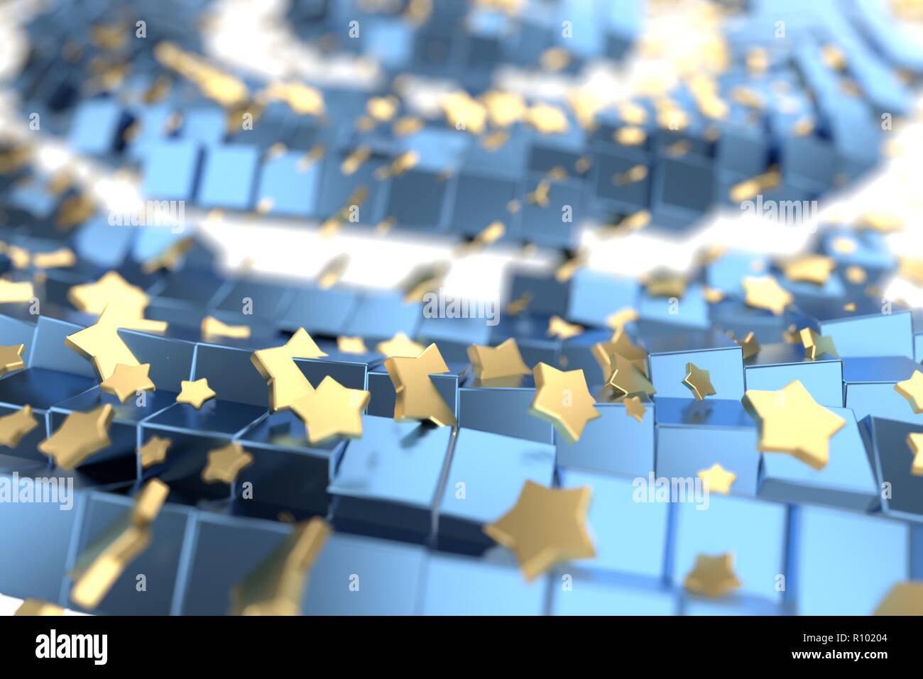 Gold or platinum stars flying over white background and blue box matrix ...