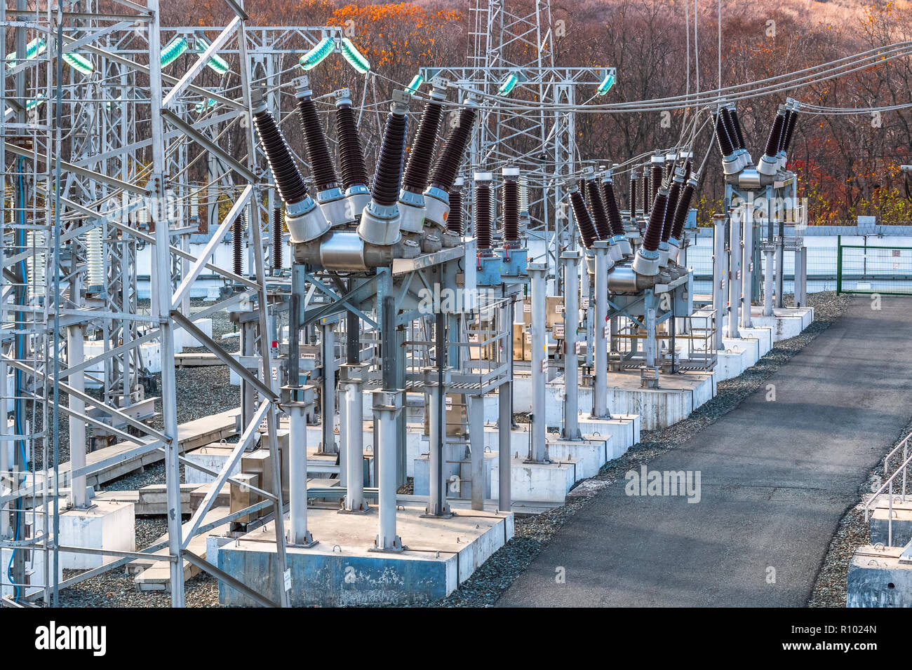 High voltage electric power substation in the open. Industrial facility ...