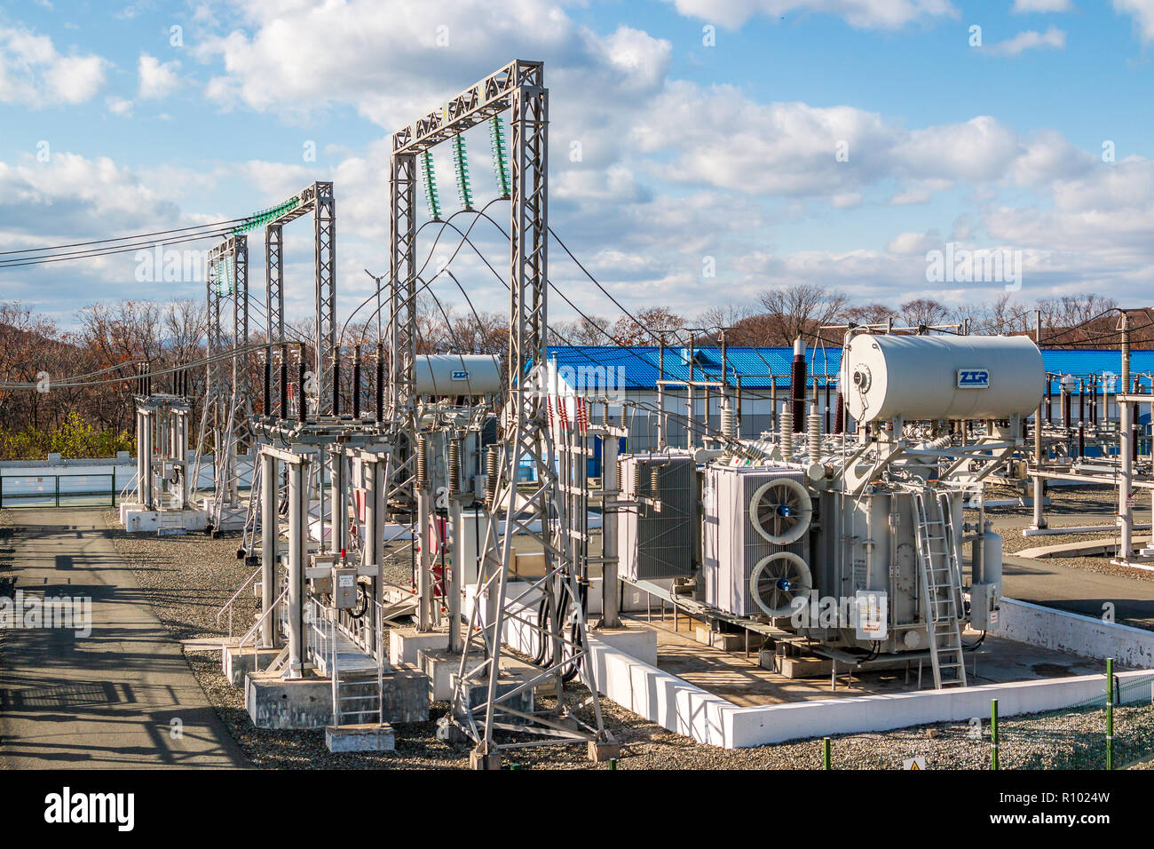 High voltage electric power substation in the open. Industrial facility ...