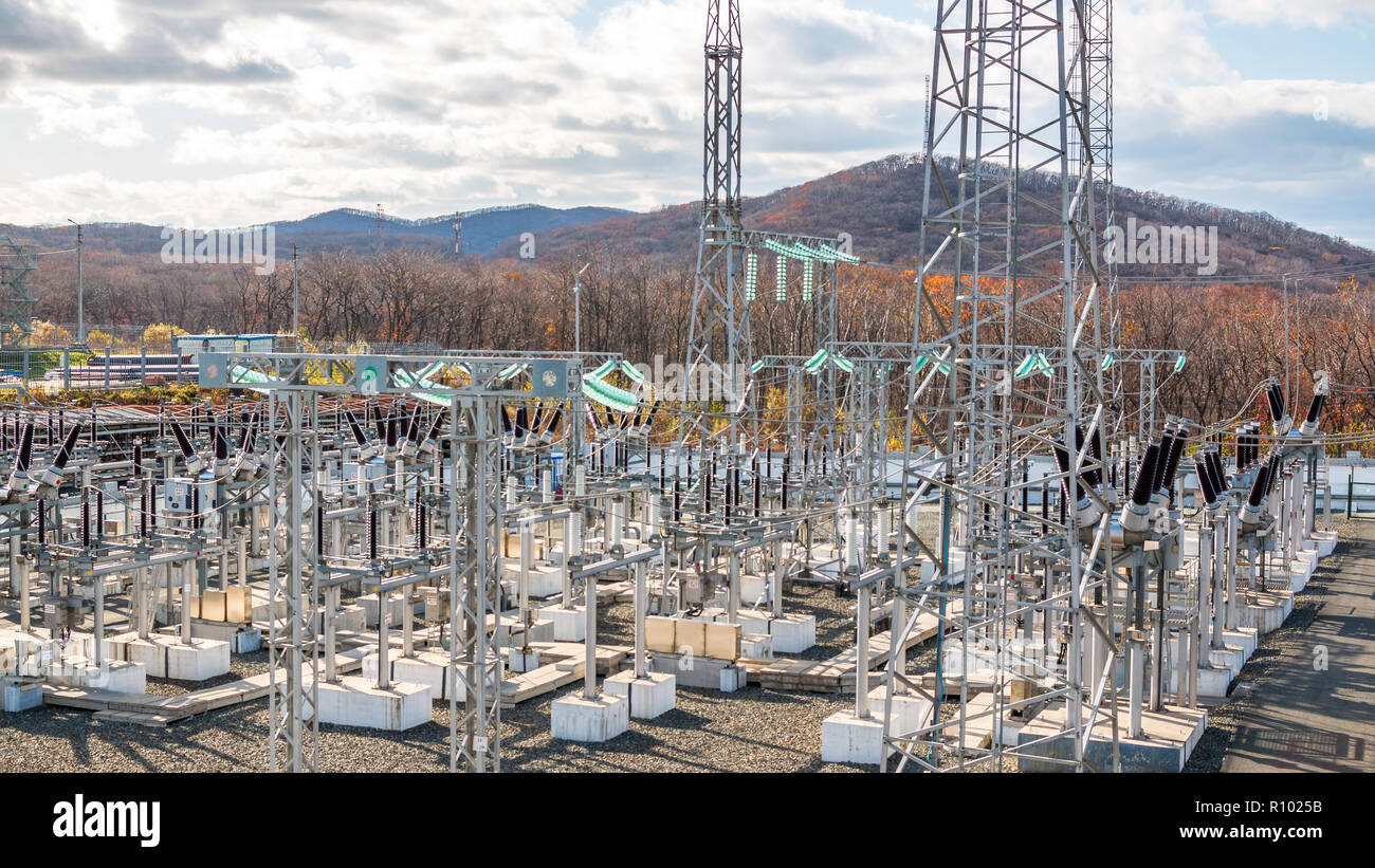 High voltage electric power substation in the open. Industrial facility ...