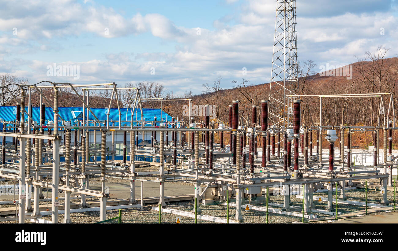 High voltage electric power substation in the open. Industrial facility ...