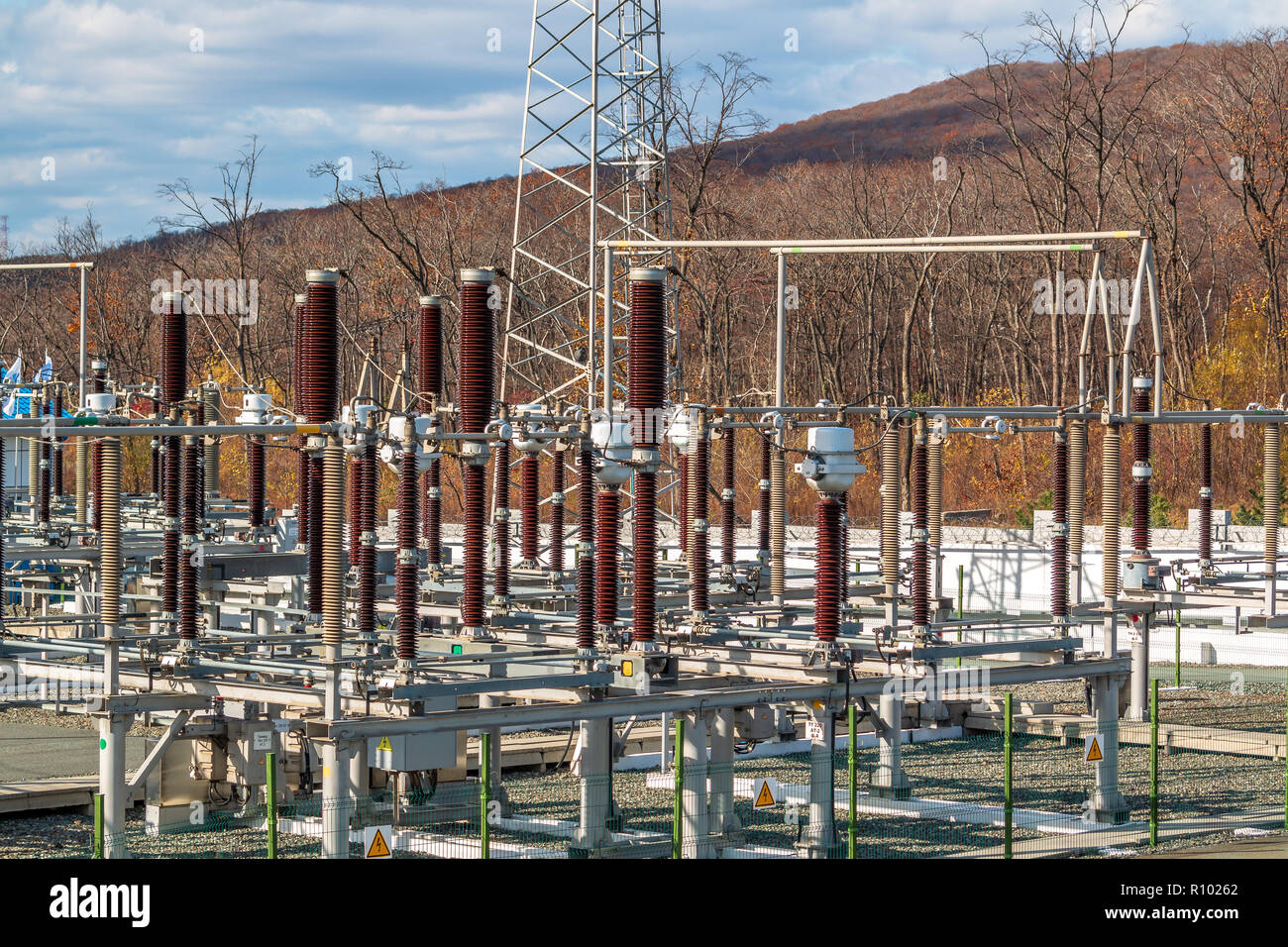 High voltage electric power substation in the open. Industrial facility ...