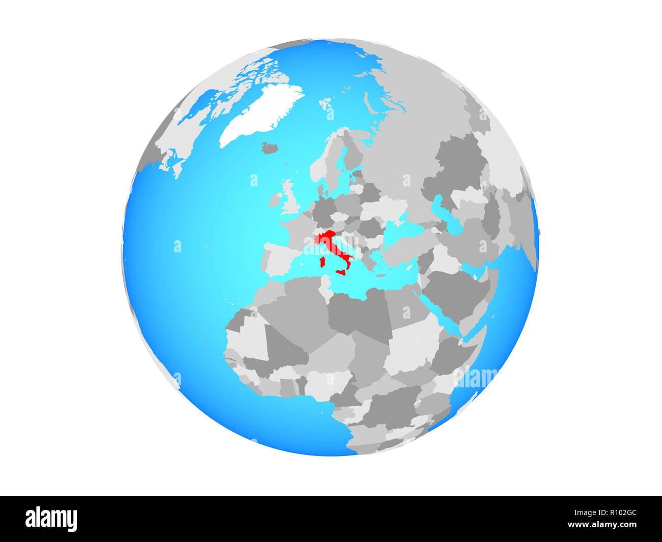 Italy on blue political globe. 3D illustration isolated on white ...