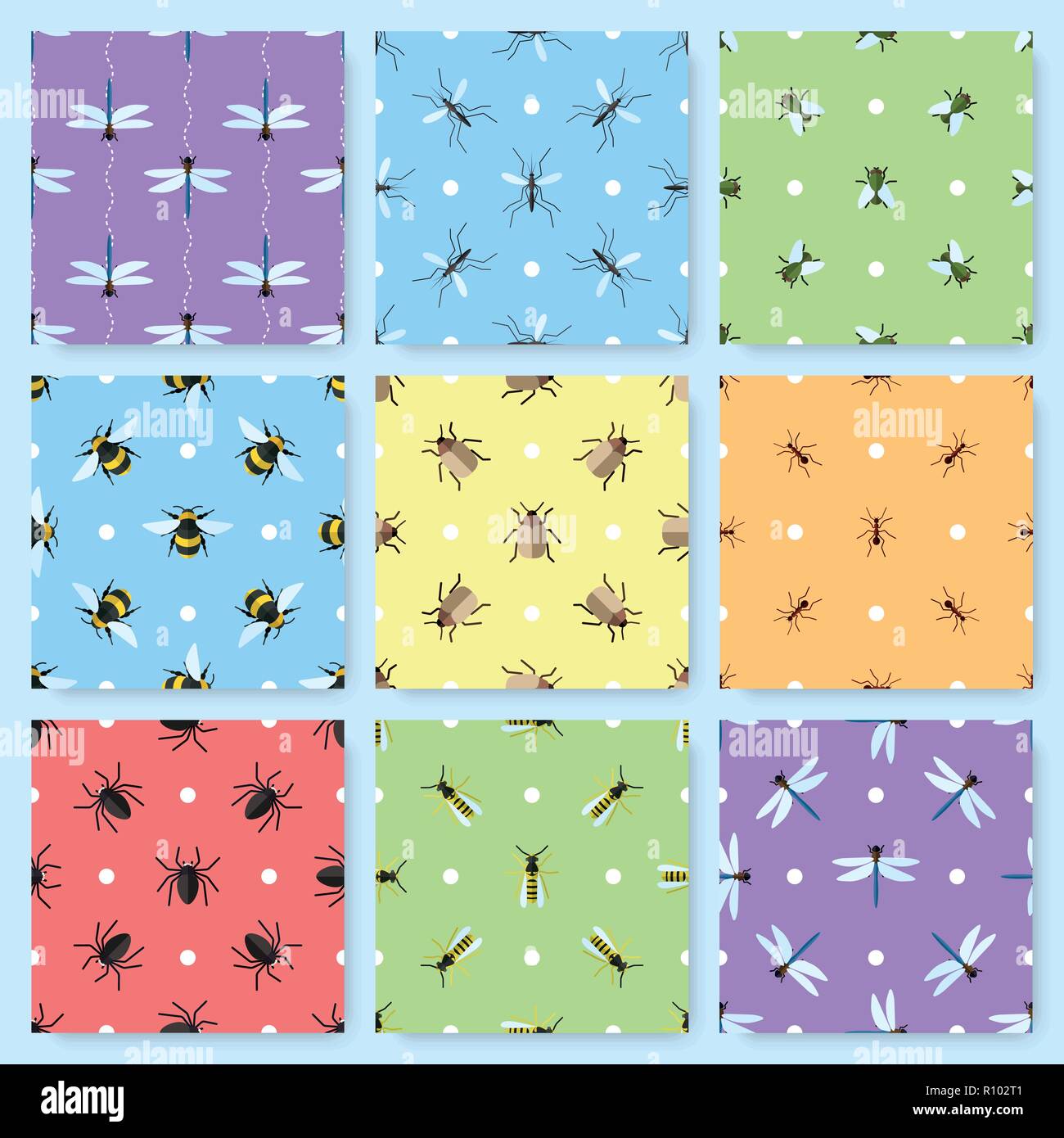 Set of 9 seamless patterns with different insects. Bee, fly, dragonfly ...