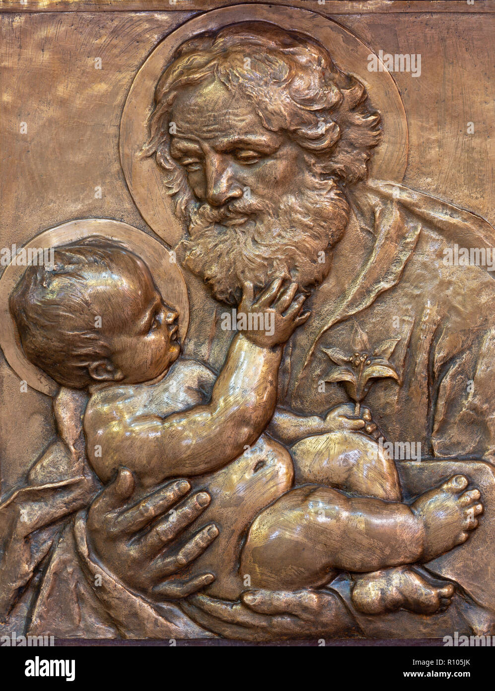 PRAGUE, CZECH REPUBLIC - OCTOBER 13, 2018: The bronze relief of St ...