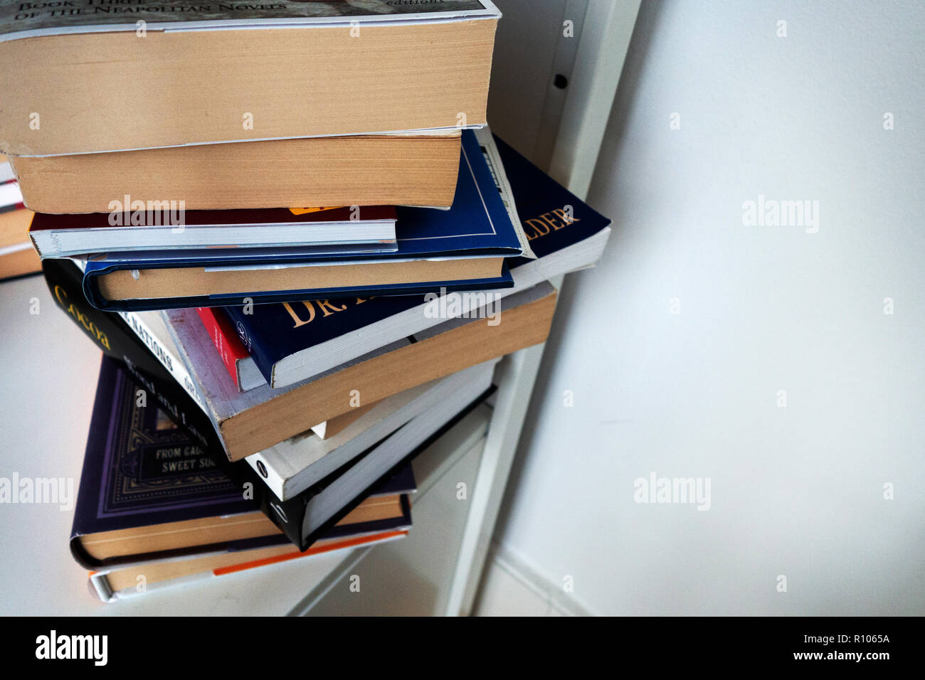 photograph of the sides of a pile of hardbacked books on a white shelf ...