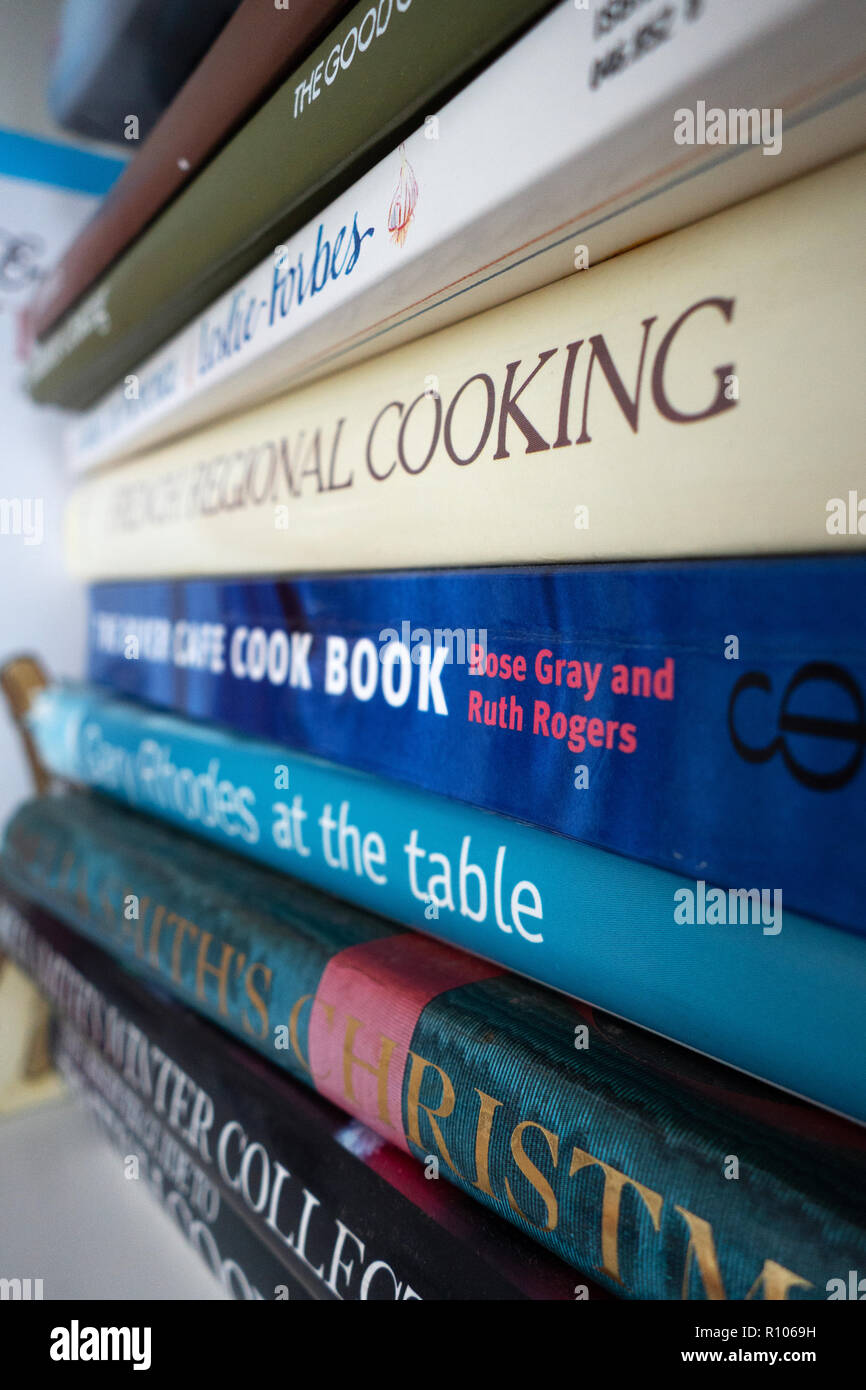 Selection of Cookery Books on a shelf showing closeup of book titles ...