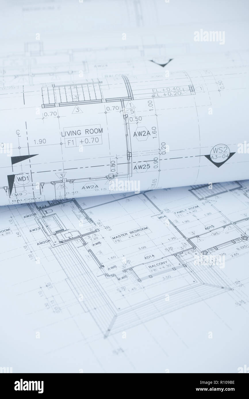 architectural drawing paper rolls of a dwelling for construction Stock ...