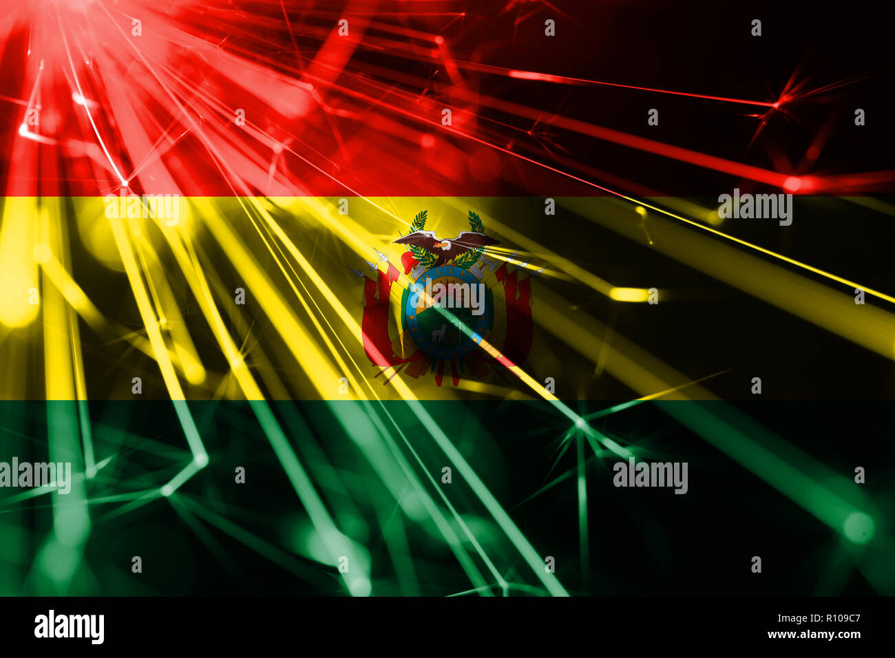 Bolivia shining fireworks sparkling flag. New Year 2019 and Christmas ...