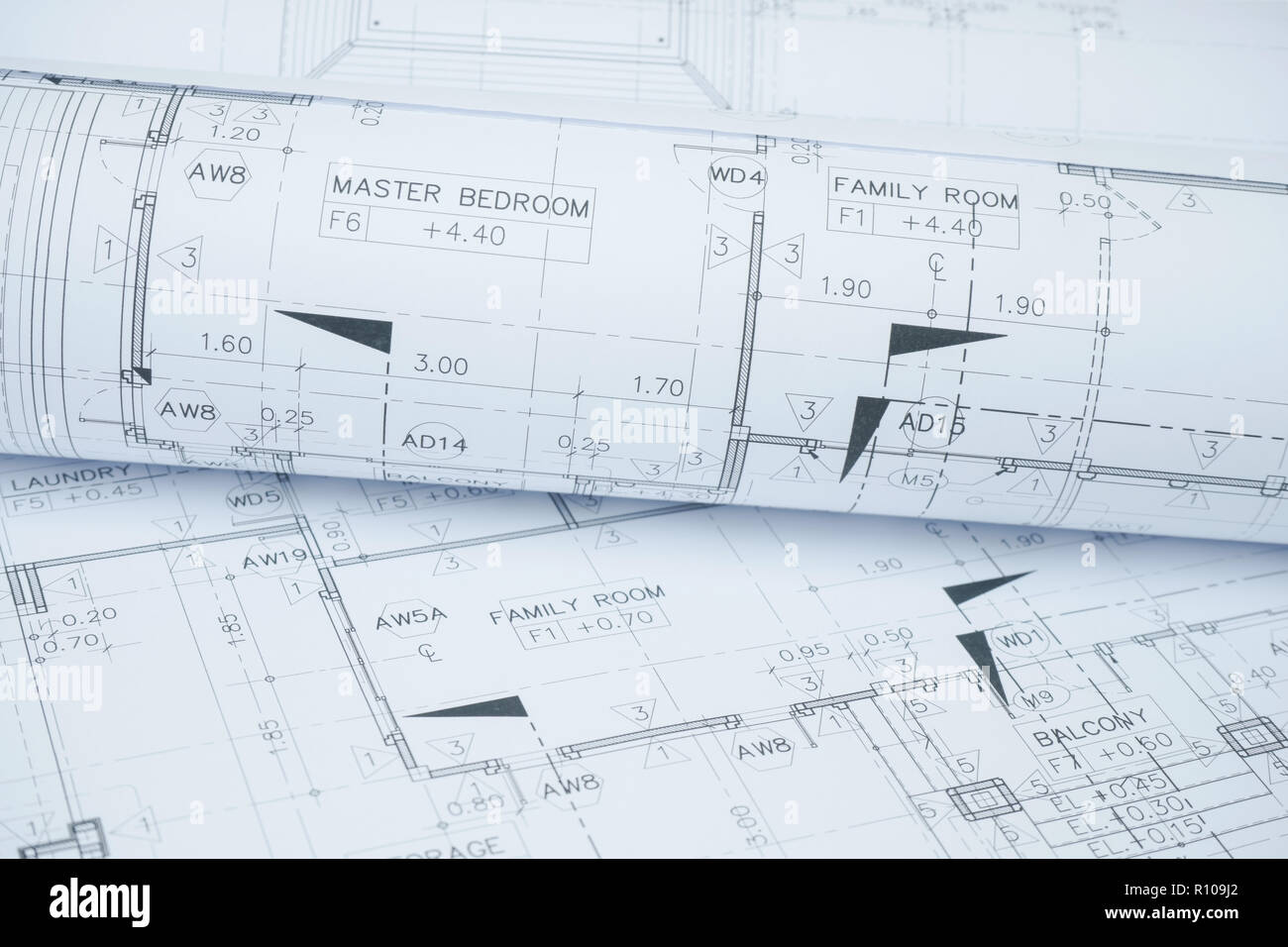 architectural drawing paper rolls of a dwelling for construction Stock ...