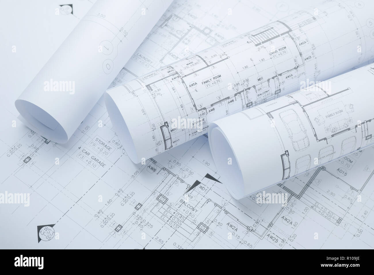 architectural drawing paper rolls of a dwelling for construction Stock ...