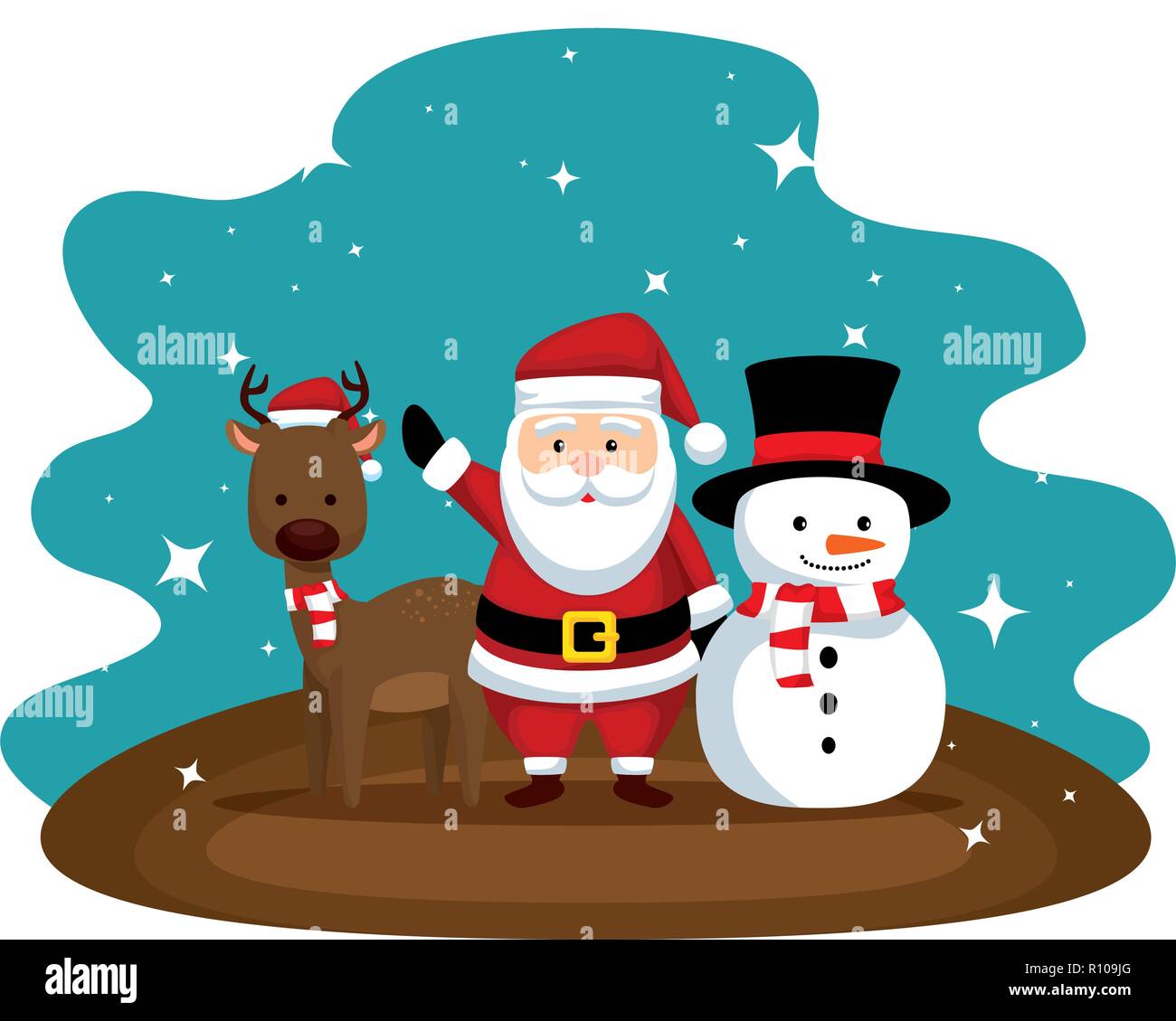 christmas santa claus with reindeer and snowman vector illustration ...