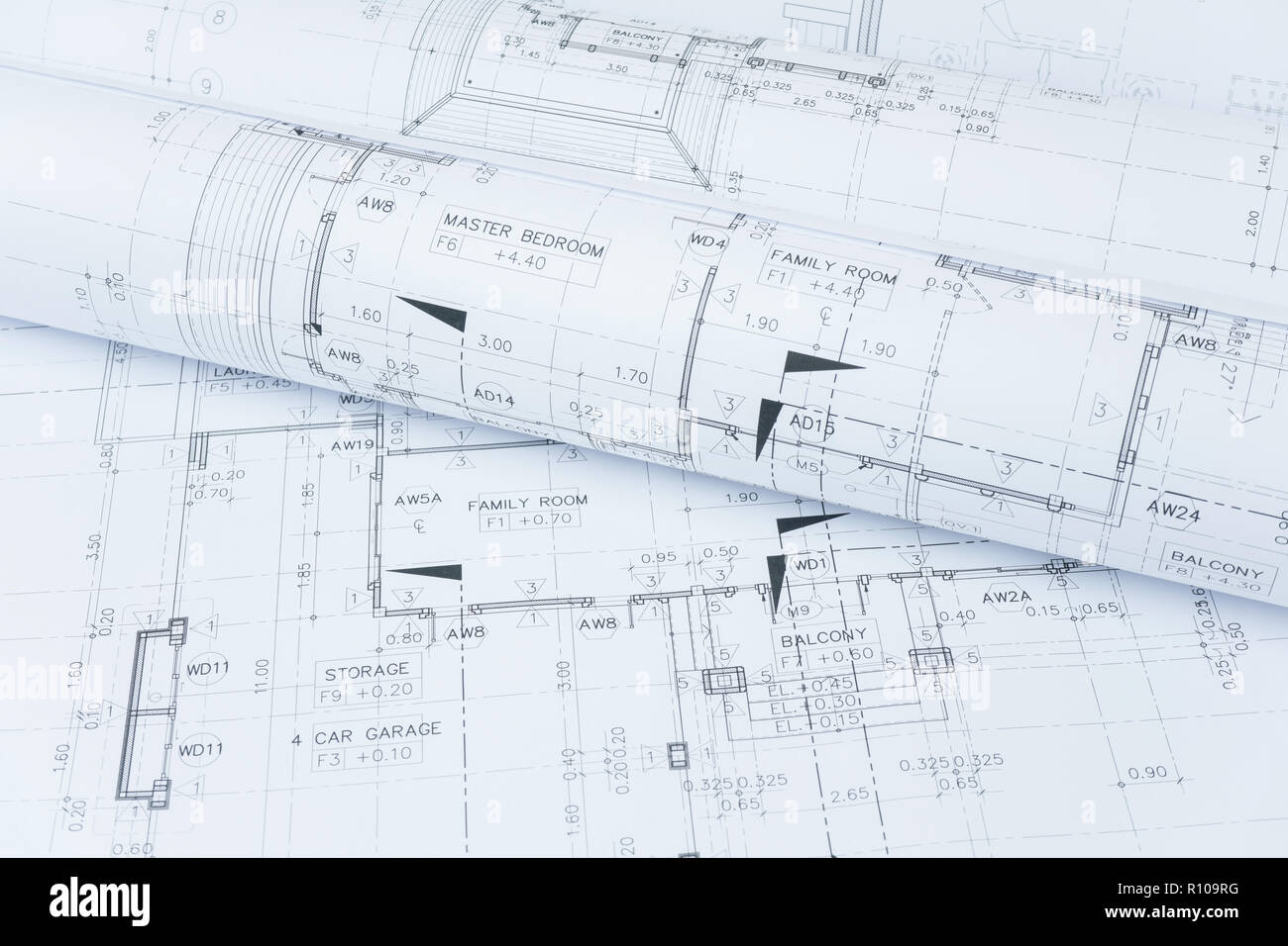 architectural drawing paper rolls of a dwelling for construction Stock ...