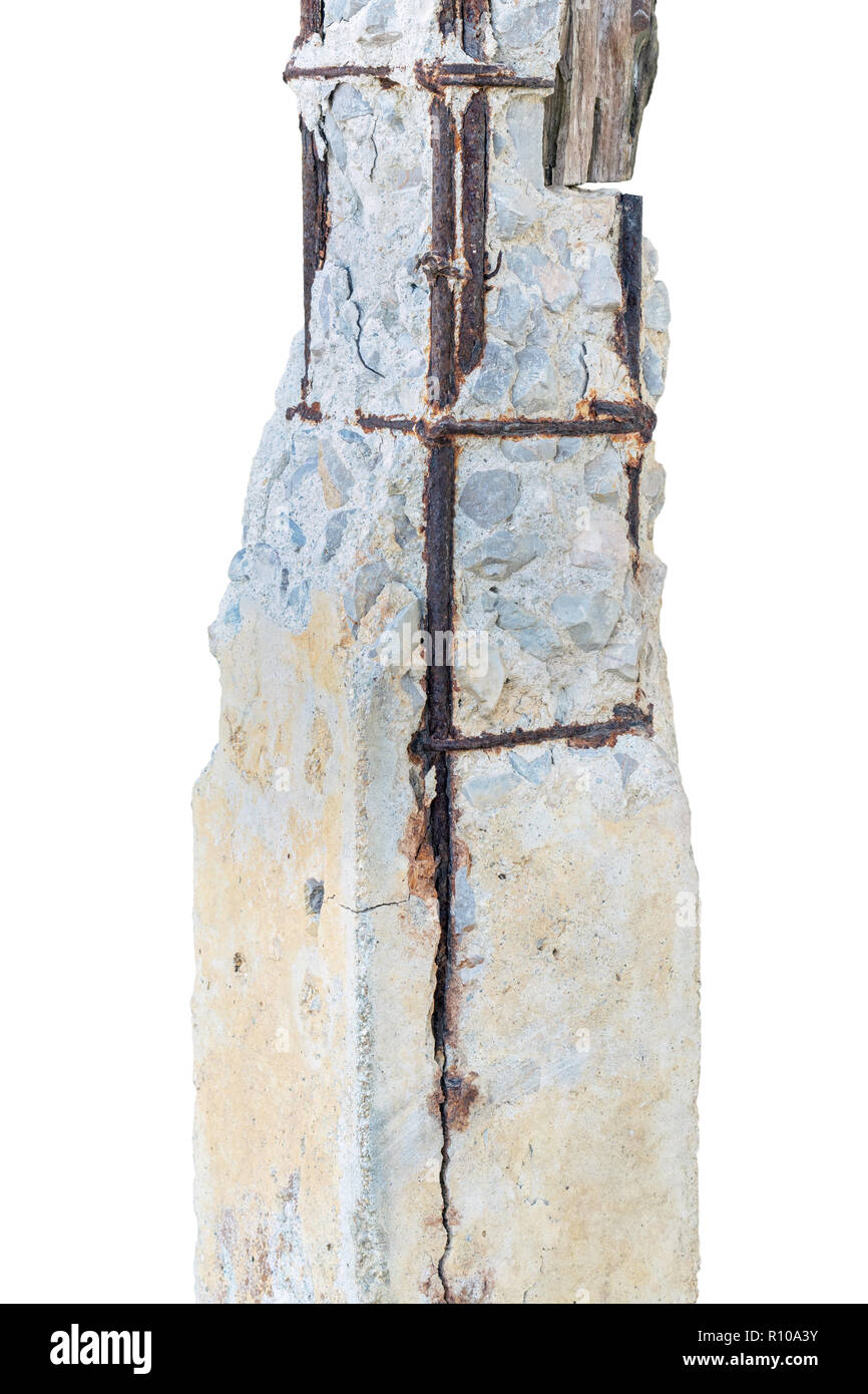 Disintegrated old concrete pillar with damaged and rusty steel frame ...