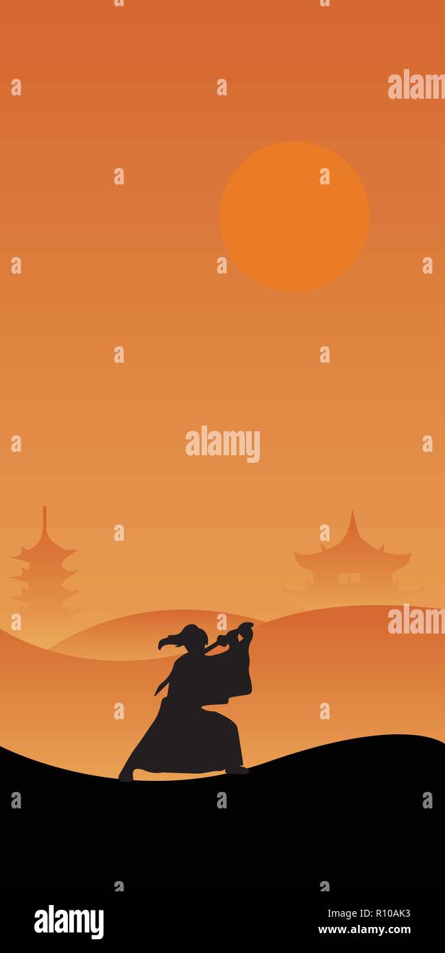Samurai warrior outdoors on orange background, conceptual vector Stock ...