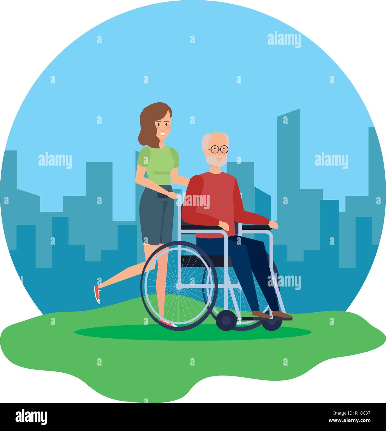 old man in wheelchair with woman helper vector illustration design ...