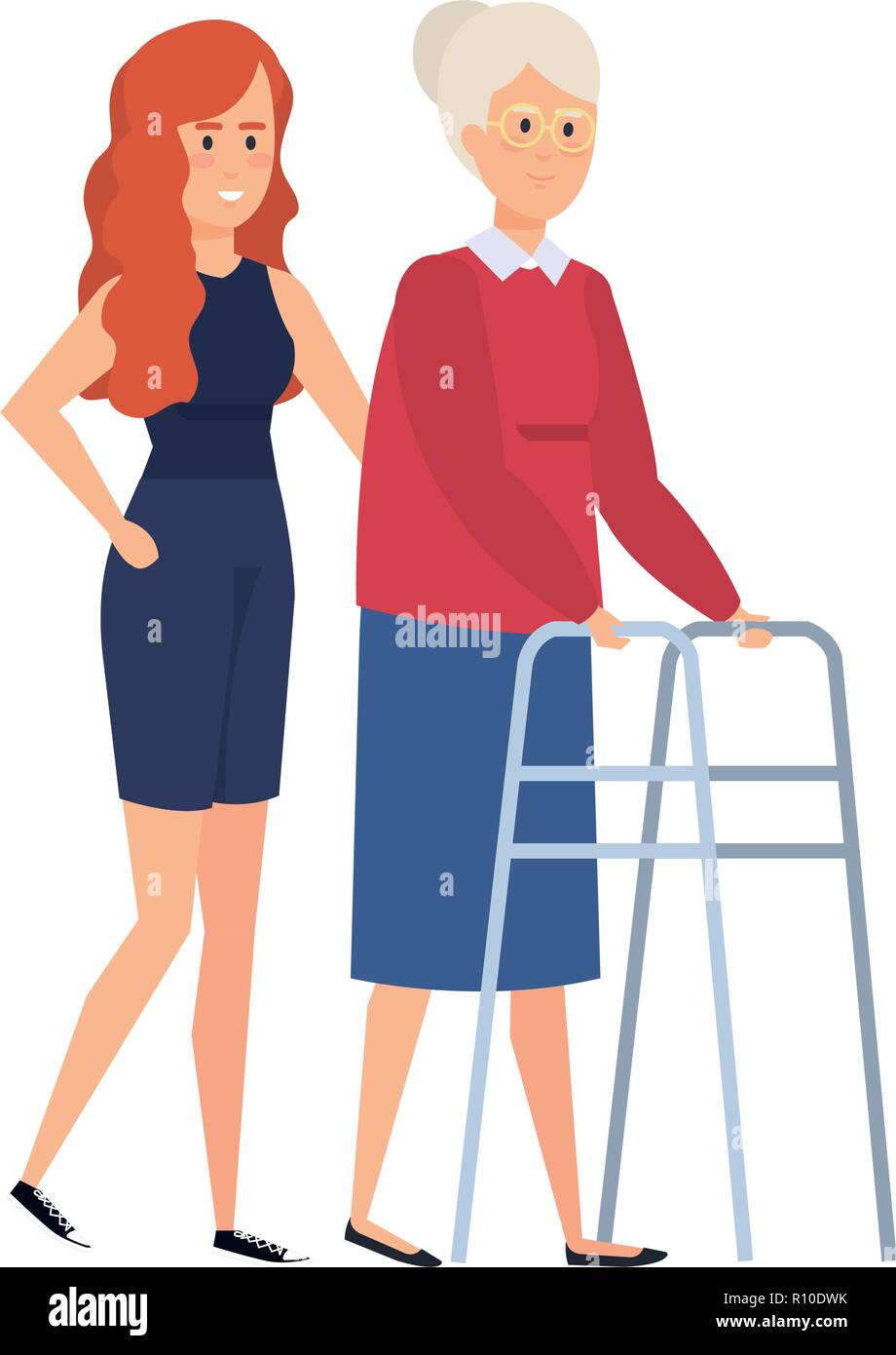 old woman with walker and helper Stock Vector Image & Art - Alamy