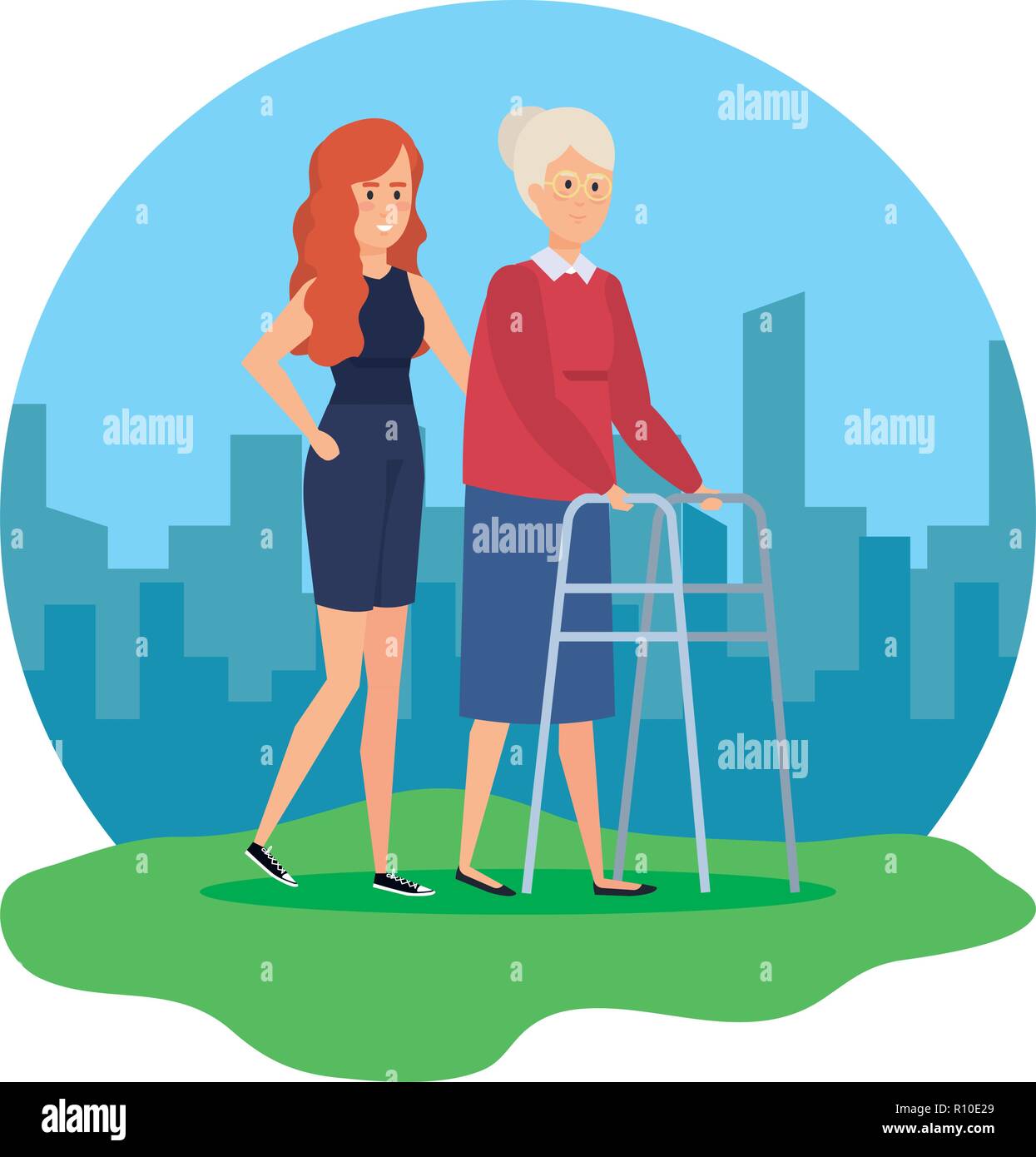 old woman with walker and helper Stock Vector Image & Art - Alamy