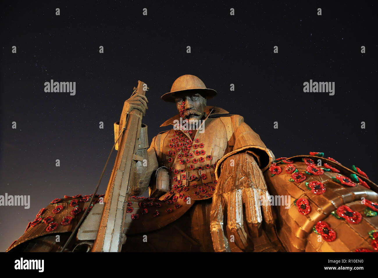 The Tommy War memorial under the stars in Seaham, County Durham, ahead ...