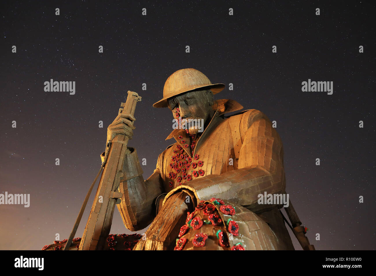 The Tommy War memorial under the stars in Seaham, County Durham, ahead ...
