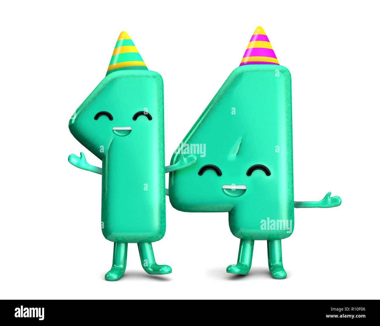 Happy 14th Birthday cute party character with hat. 3D Rendering Stock ...