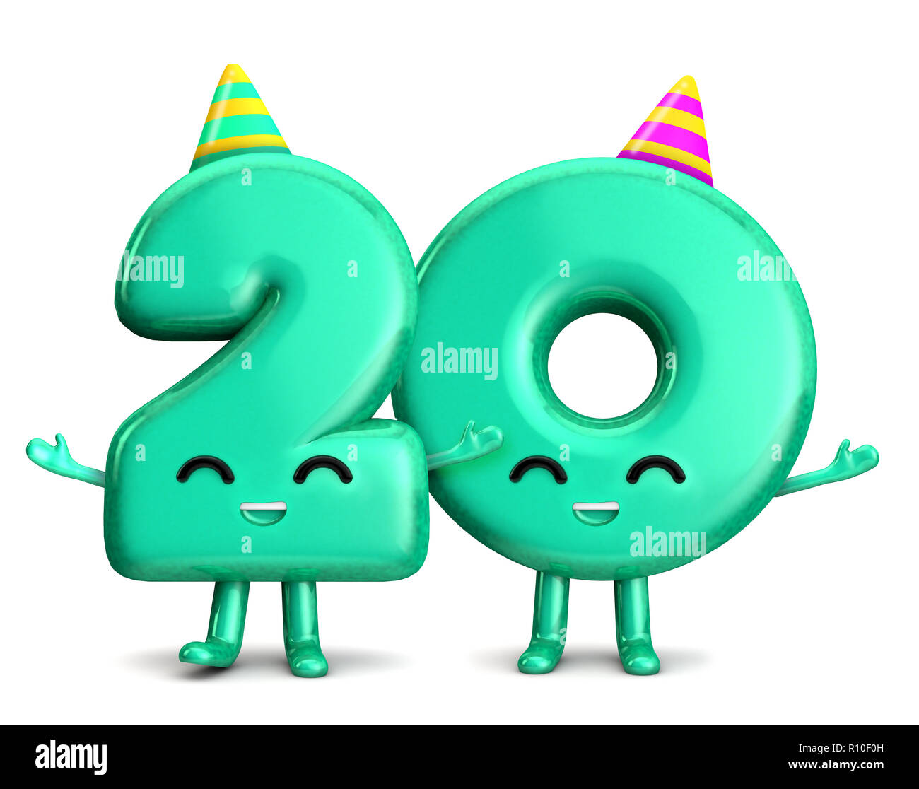 Happy 20th Birthday cute party character with hat. 3D Rendering Stock ...