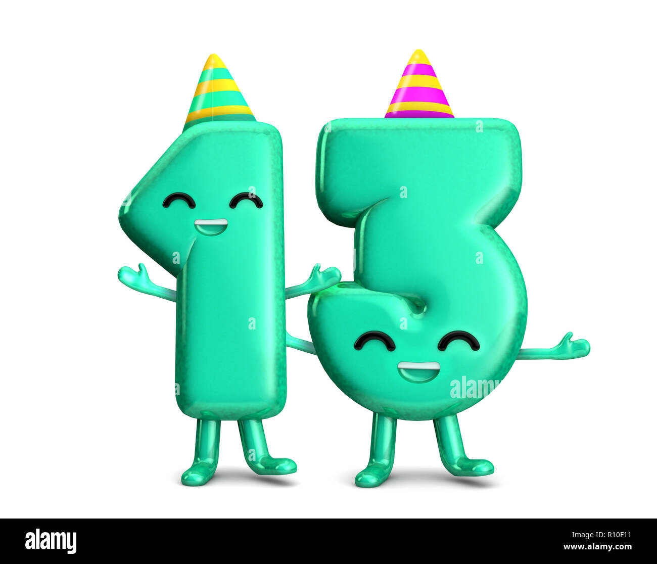 Happy 13th Birthday cute party character with hat. 3D Rendering Stock ...