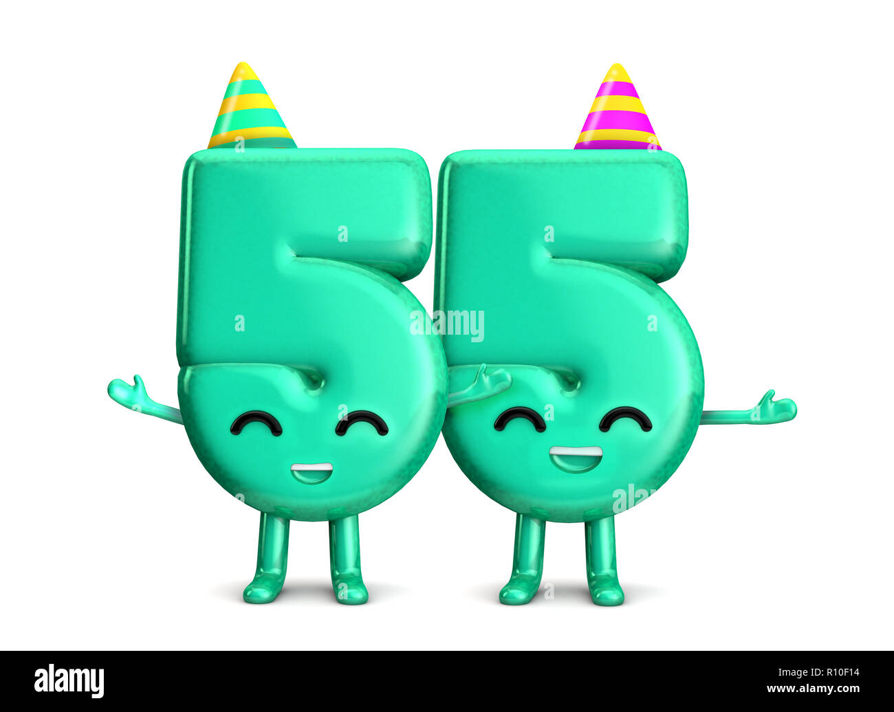 Happy 55th Birthday cute party character with hat. 3D Rendering Stock ...
